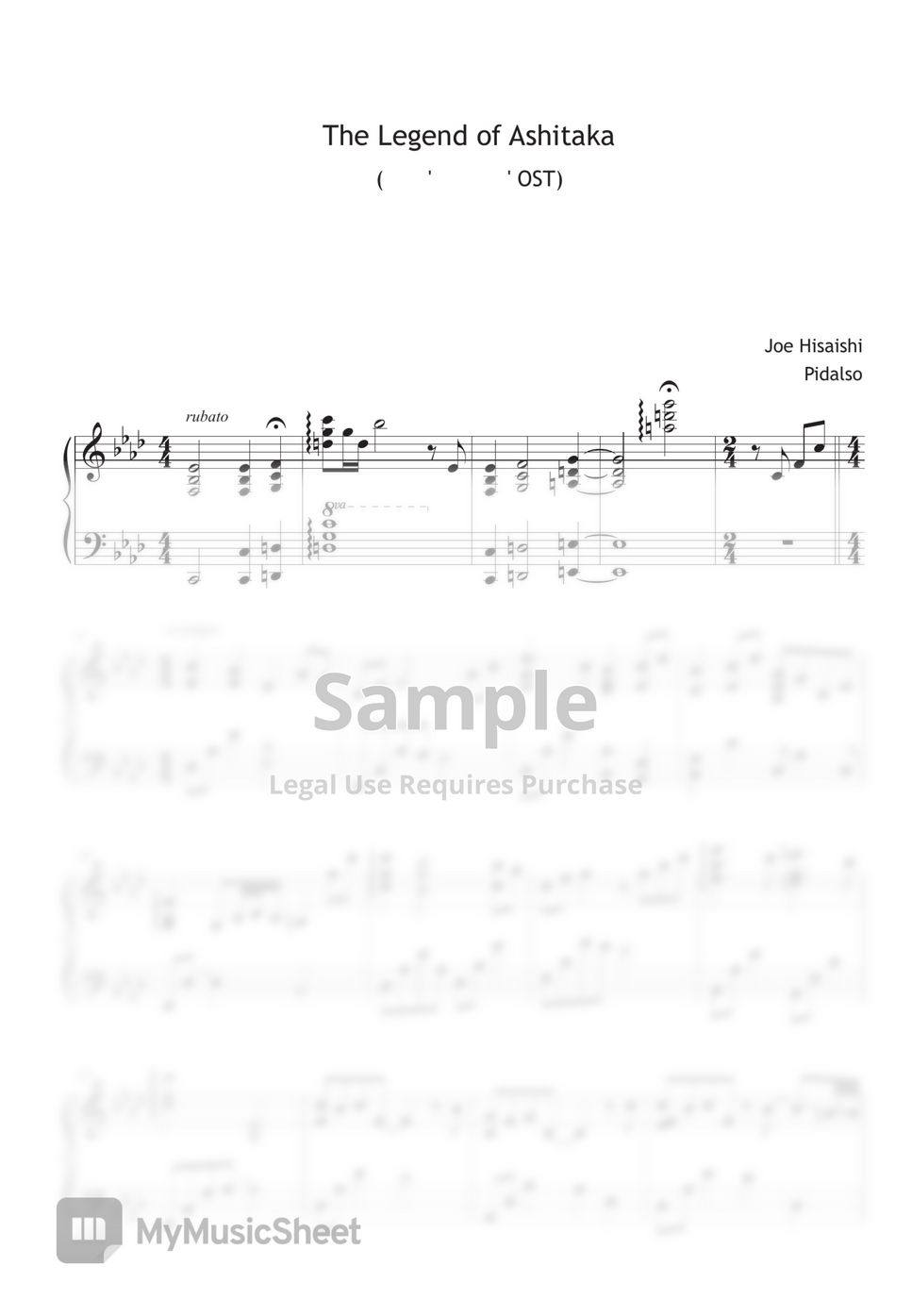 Joe Hisaishi - The Legend of Ashitaka (Princess Mononoke OST) Sheet by ...