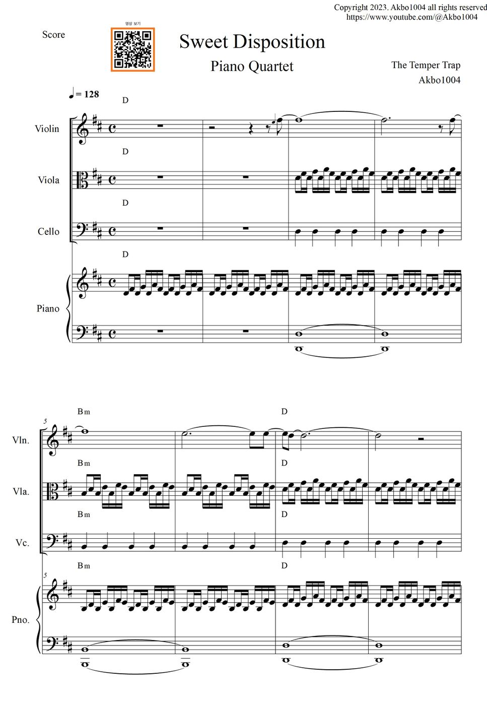 The Temper Trap - Sweet Disposition (Piano Quartet / Wedding Ver. / Chord / 편곡) Sheet Music by ...