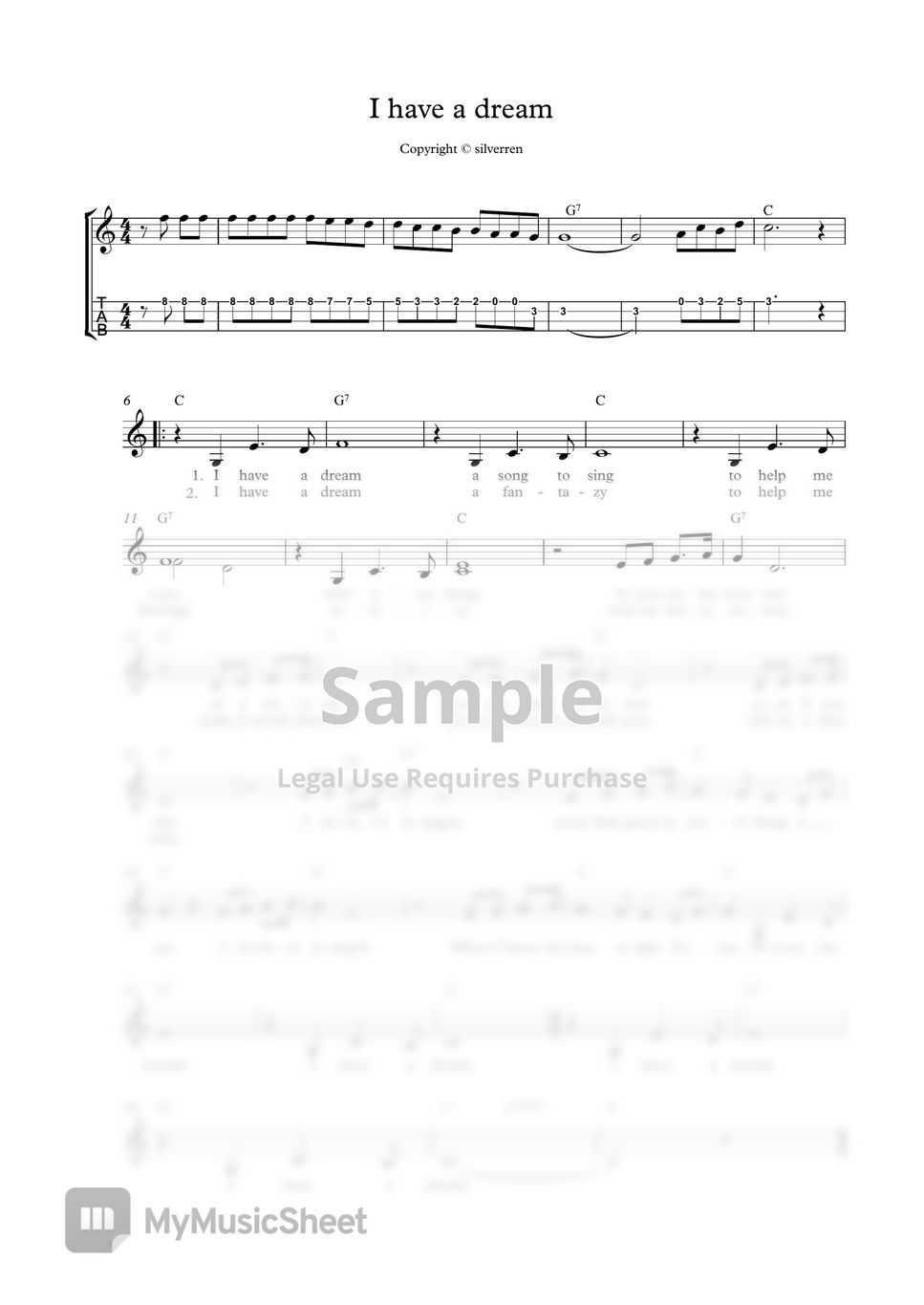 Mammamia - I have a dream (ABBA, MAMMAMIA) 우쿨렐레 코드,멜로디악보 (우쿨렐레) 樂譜 by 실버렌