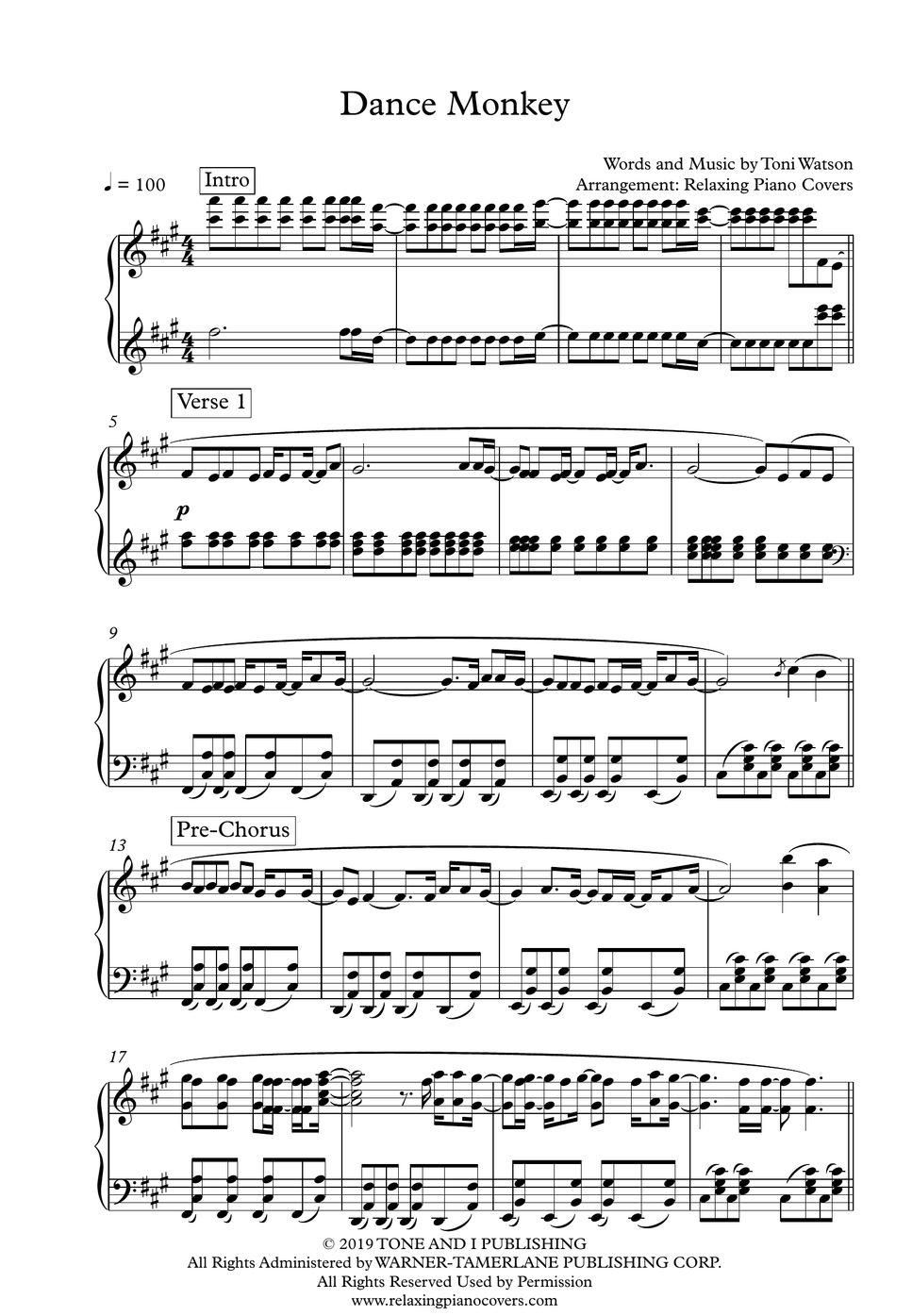 Tones And I - Dance Monkey Partitura by Relaxing Piano Covers