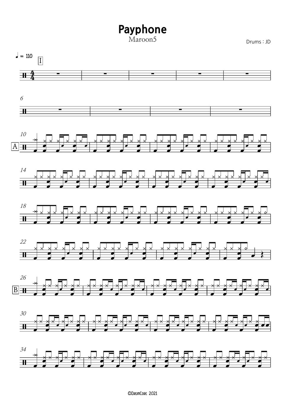 Maroon 5 - Payphone (Drums) Notenblatt by DrumCore