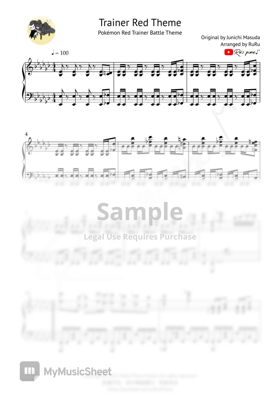 Pokémon Red - Trainer Red Battle Theme Sheet by Ru's Piano