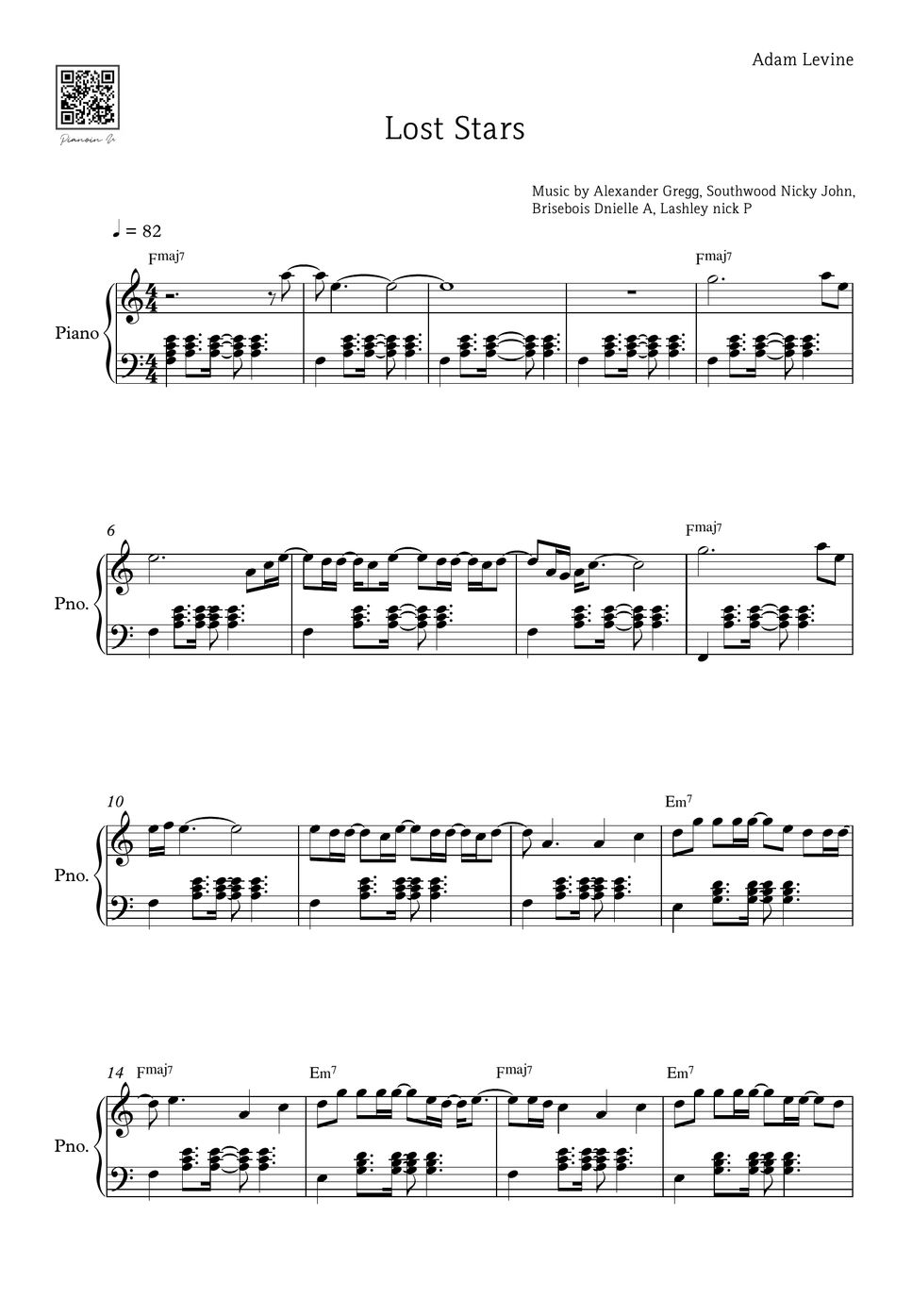 Adam Levine - Lost Stars [Begin Again OST] 樂譜 by PIANOiNU