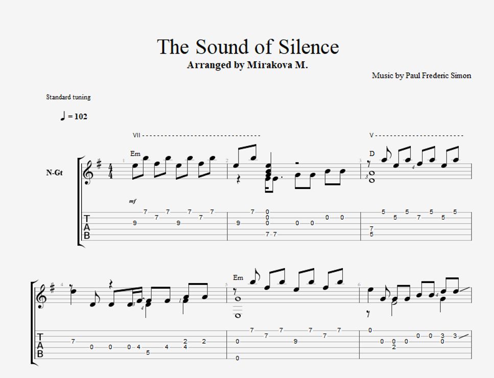 Simon & Garfunkel - The Sound of Silence Tab + 1staff by Marina Mirakova
