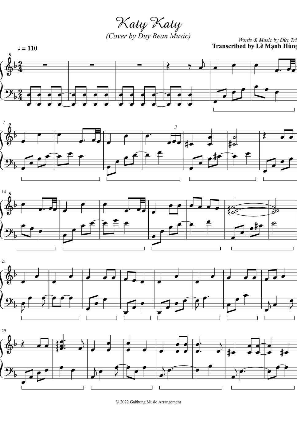 Cover by Duy Bean Music - Katy Katy (Transcribed) 樂譜 by Le Manh Hung
