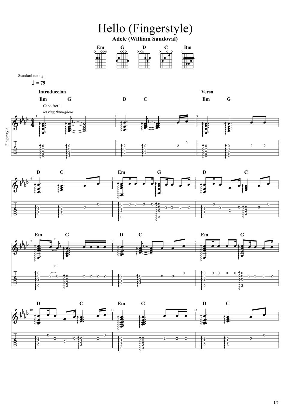 Adele - Hello (Fingerstyle) Tab + Partition à une seule portée by ...