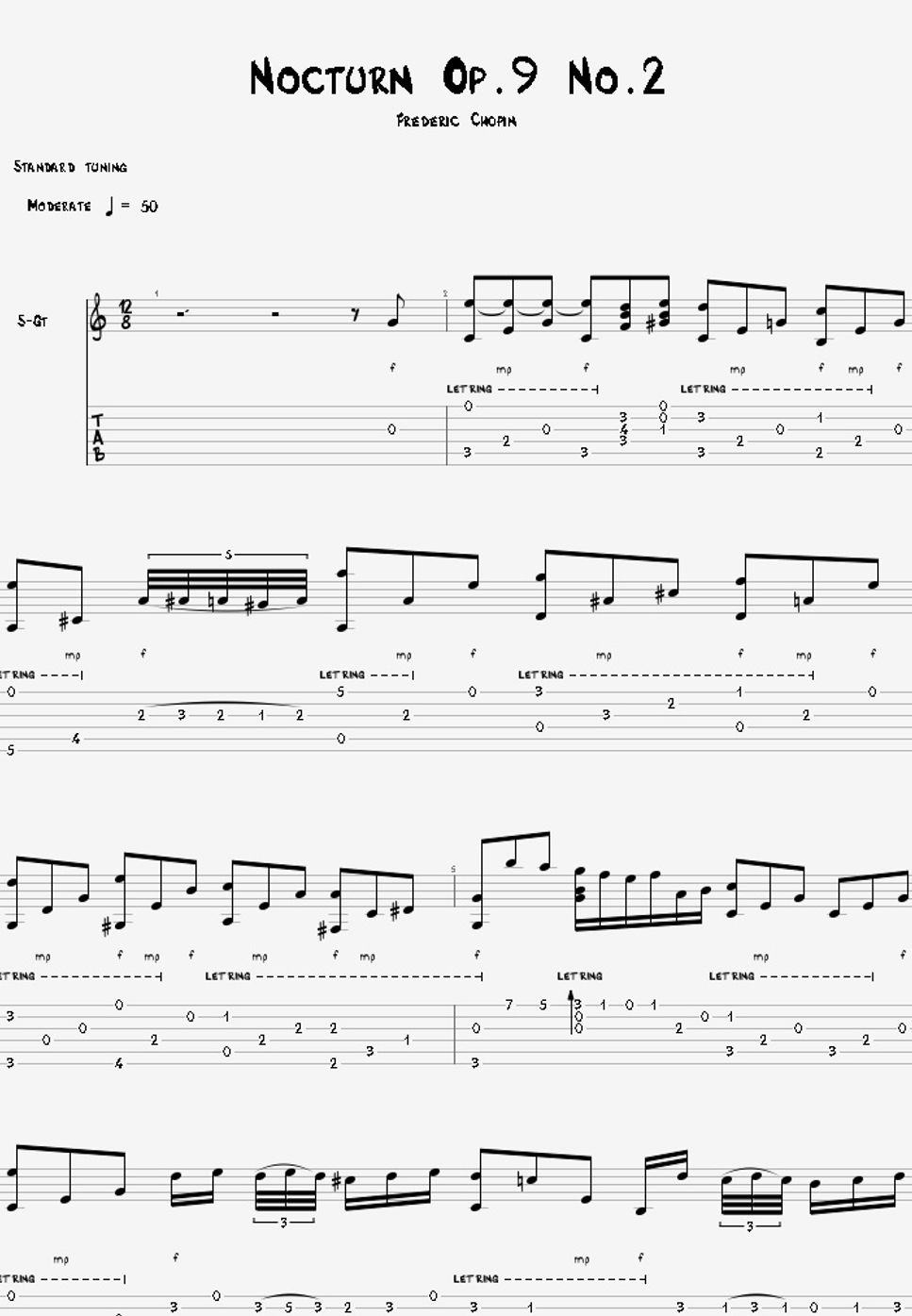 Frederic Chopin - Nocturn Op.9 No.2 Tab + 1staff by Agape Guitar