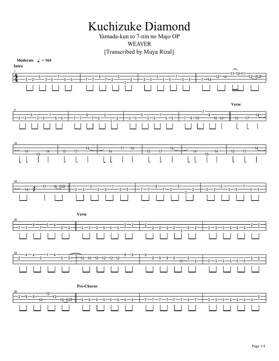 WEAVER - Kuchizuke Diamond (Bass TAB) Sheets by Muya