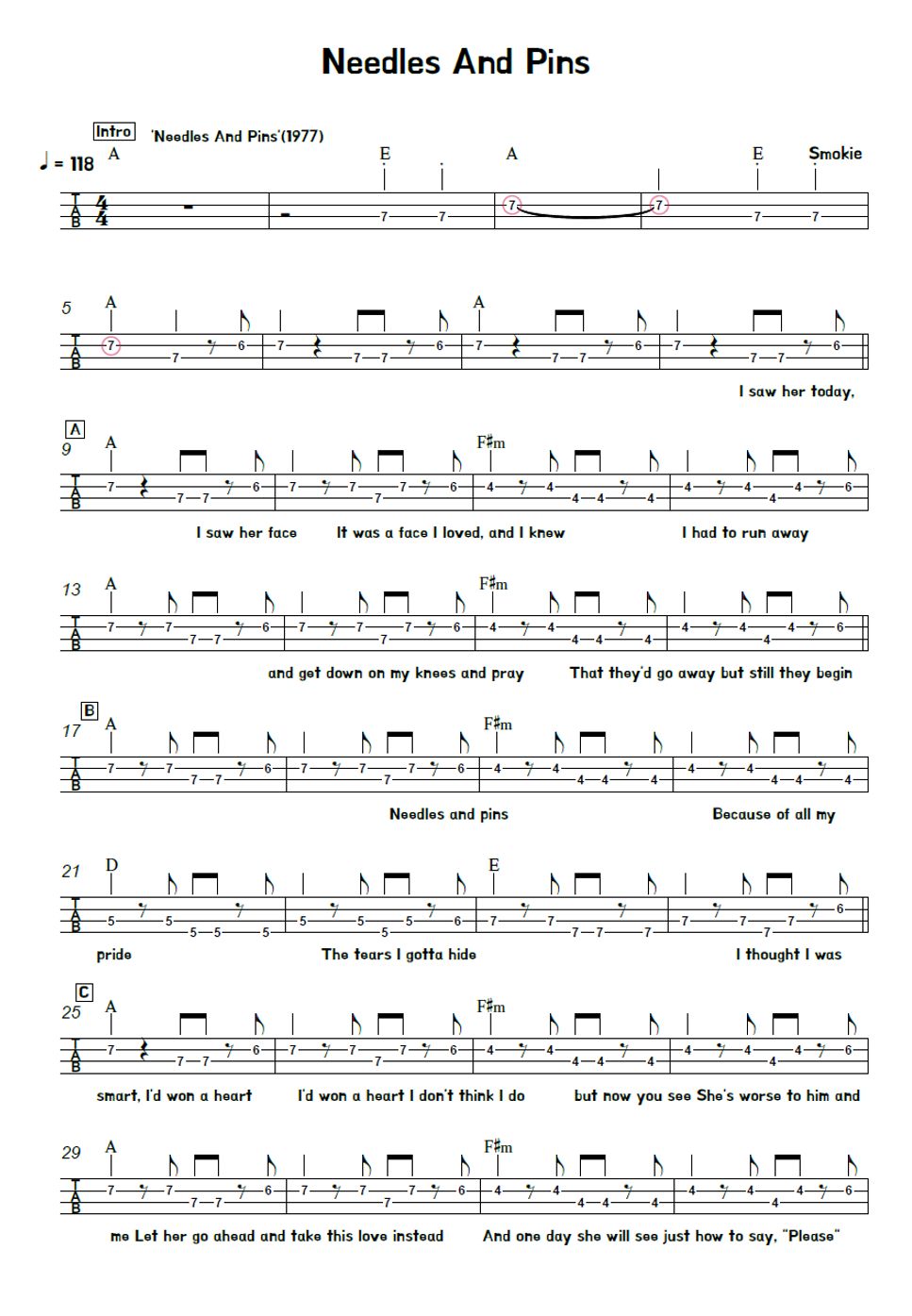 Smokie - Needles And Pins Sheet Music by 김미(Kimme)