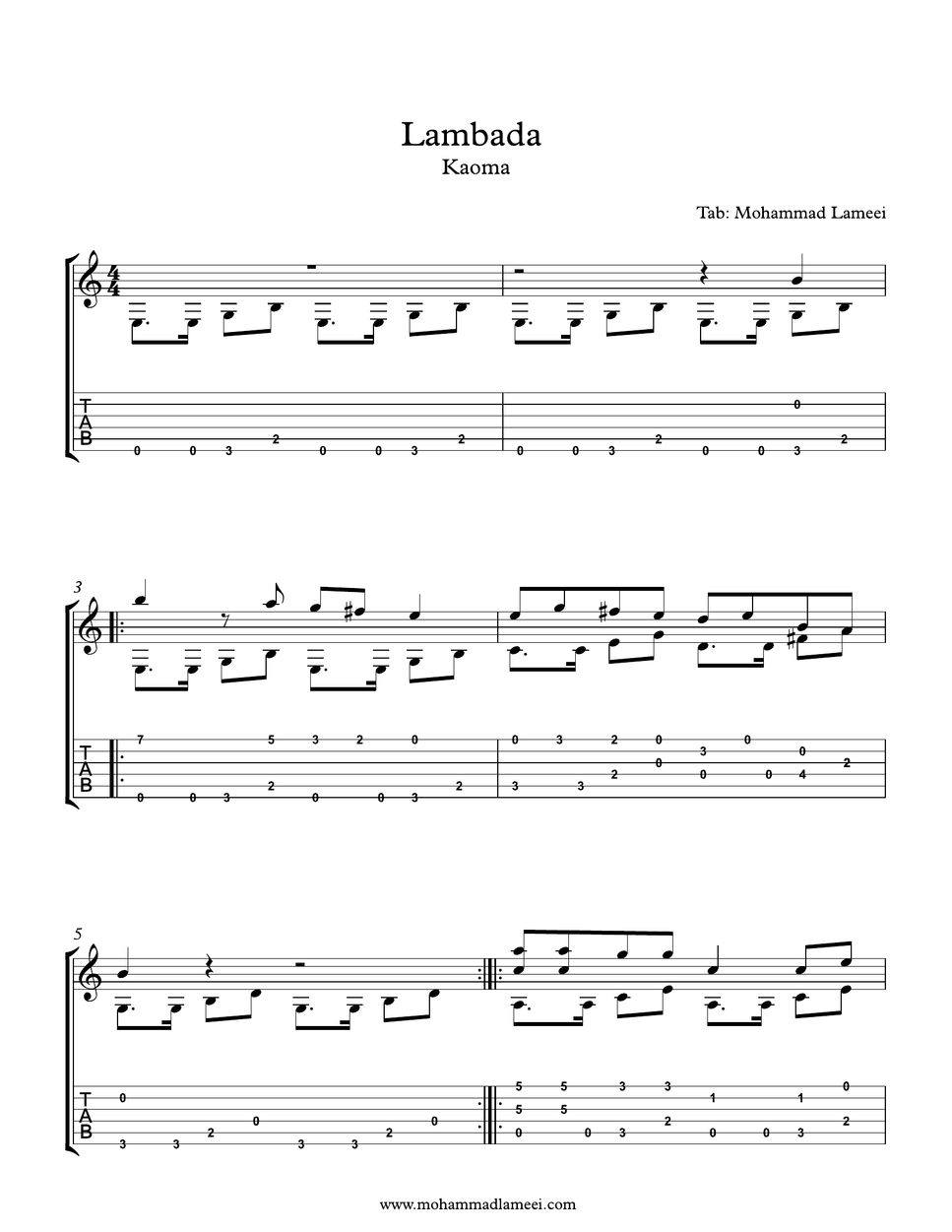 Kaoma - Lambada Tab + lembaran musik pertama by Mohammad Lameei