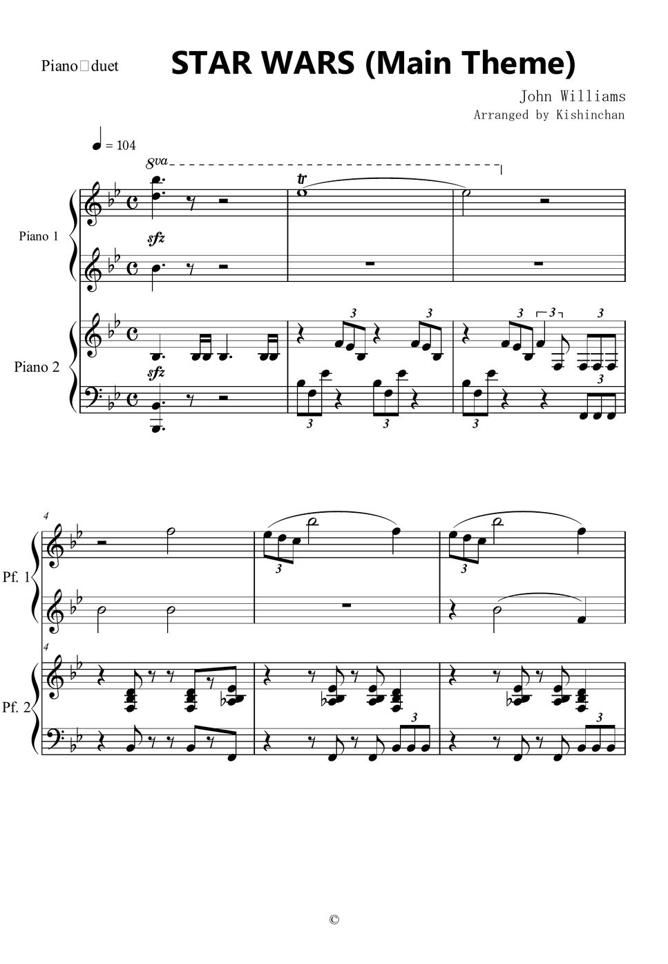 John Williams - STAR WARS(Main Theme) (Piano duet) Hoja by Kishinchan