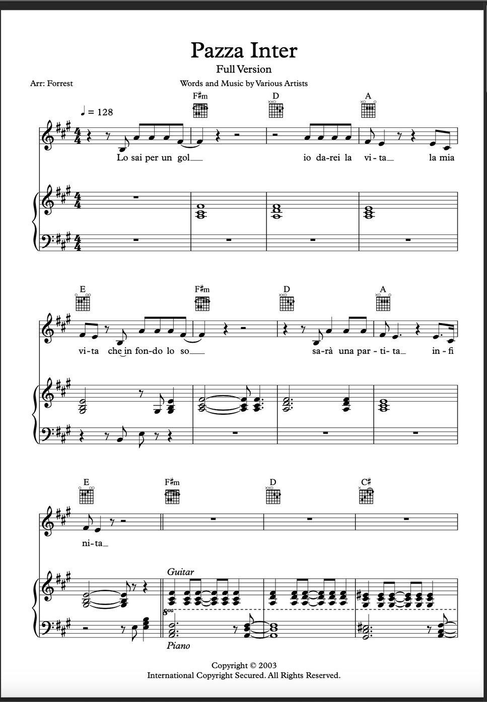 Artisti Vari - Various Artists - Pazza Inter (Full Version) Sheet Music ...