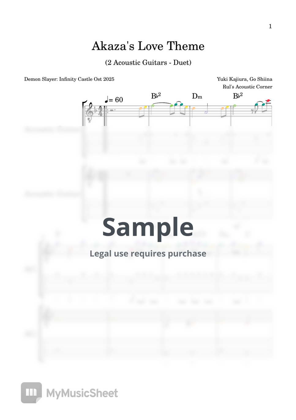 Demon Slayer - Akaza's Love Theme (2 Acoustic Guitars Duet Tab's Sheet ...