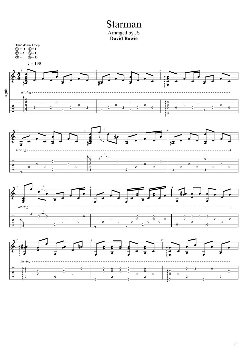 David Bowie - Starman Tab + pontuação de linha única by JS-WAVE