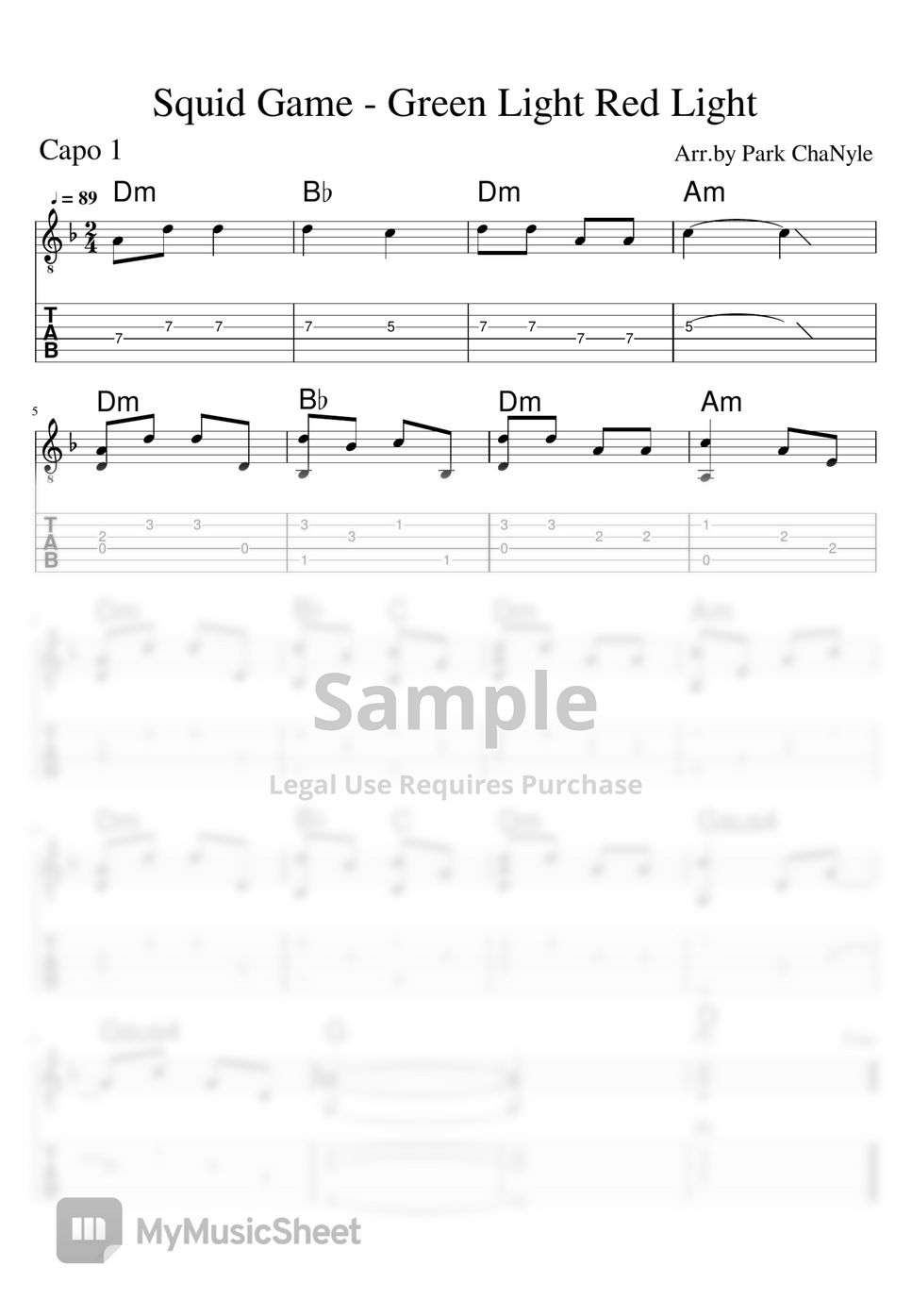 Unknown - Squid Game - Green Light Red Light (Fingerstyle) Tab + 1staff ...