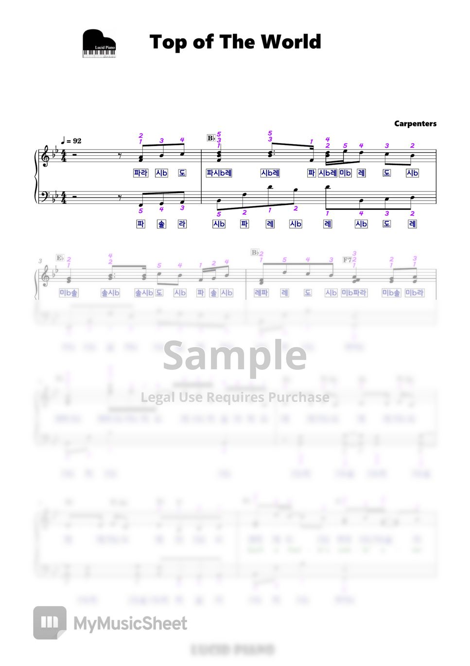 Carpenters - Top of the World (계이름 악보) Partition musicale by Lucid Piano