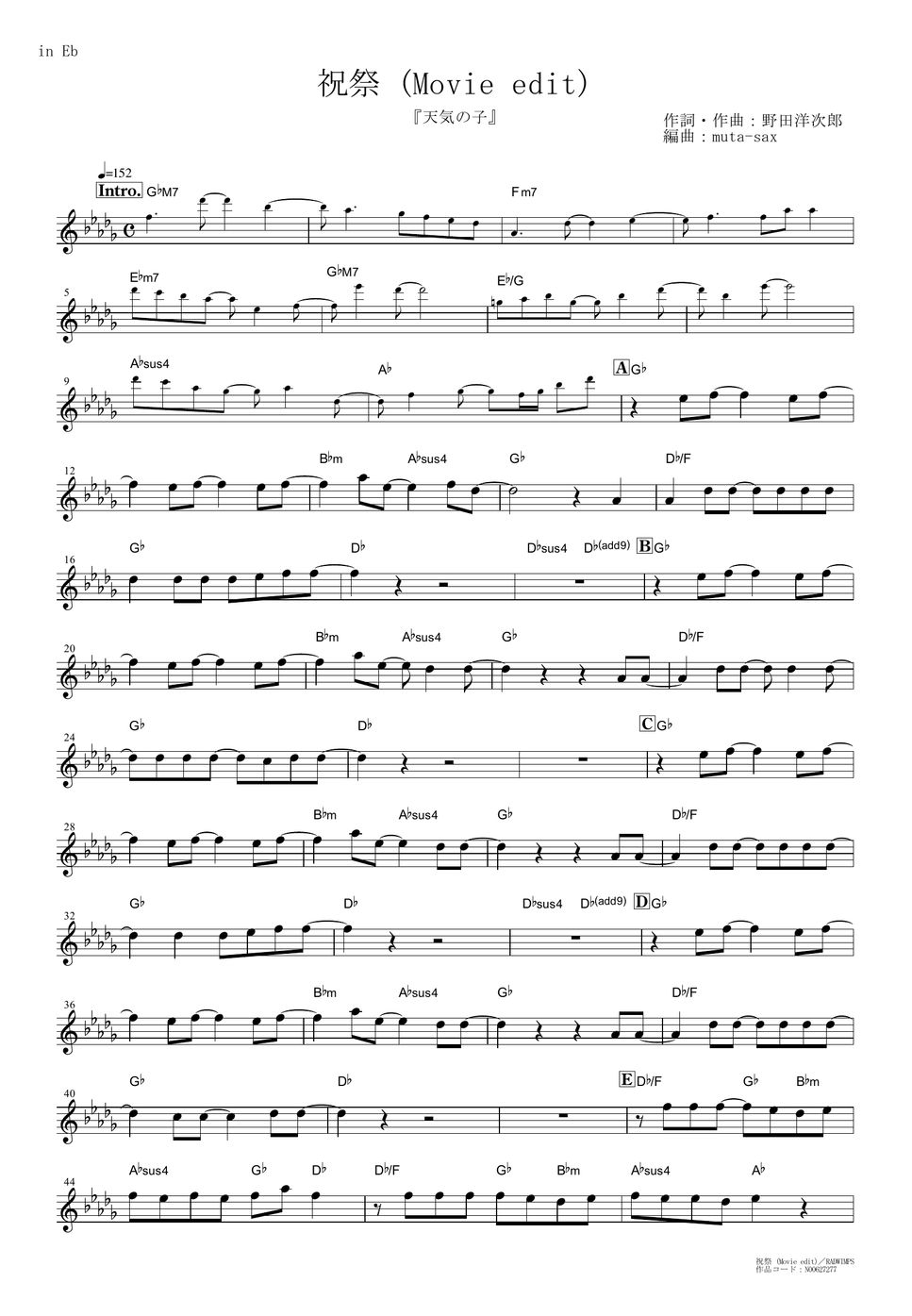 RADWIMPS - Celebration (Weathering with You / in Eb) Sheet by muta-sax