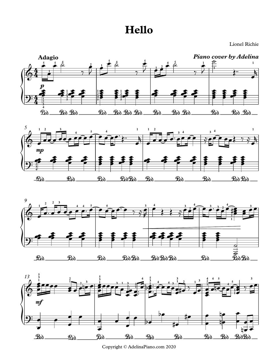 Lionel Richie - Hello Sheets by Adelina Piano