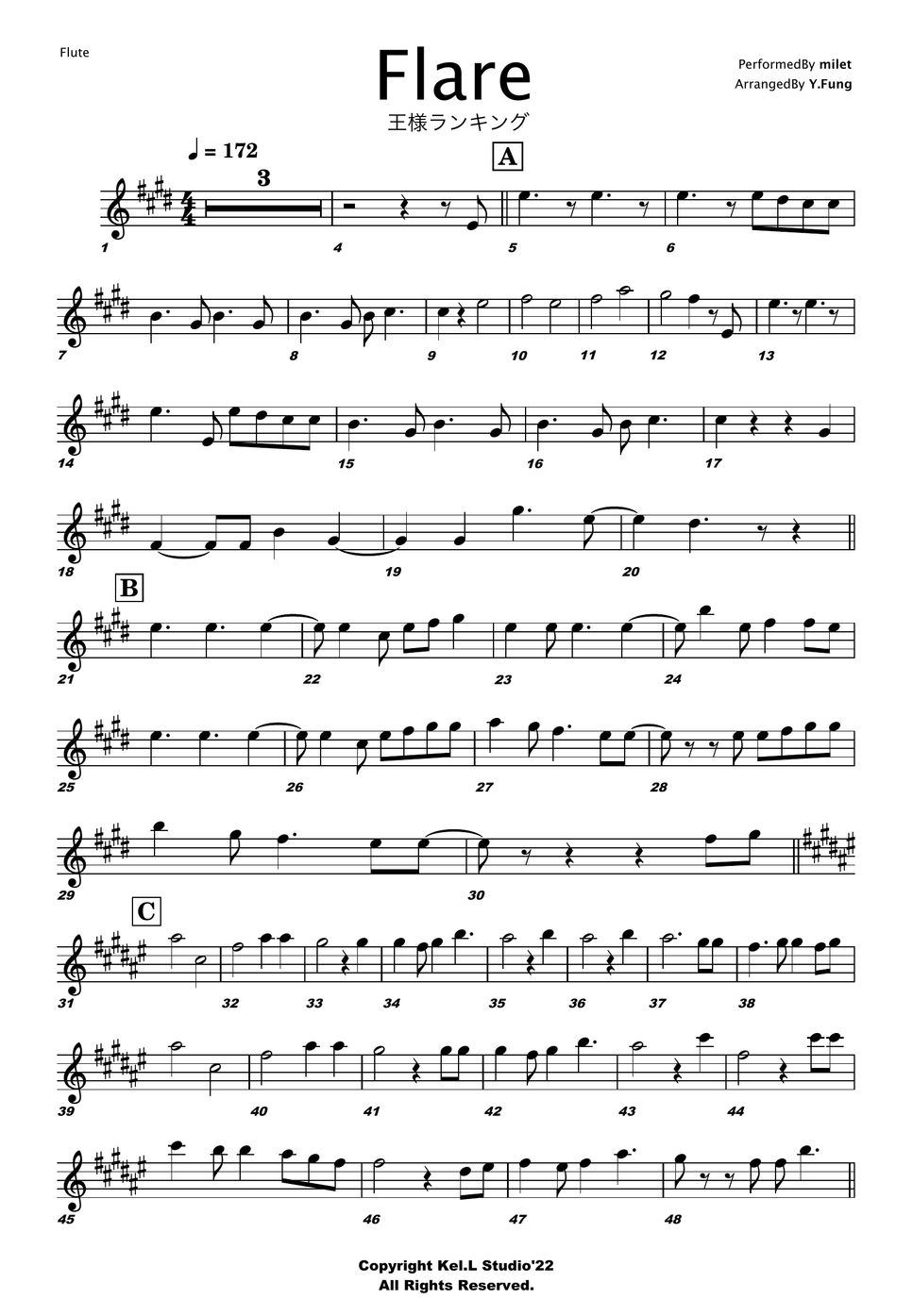 Milet - Flare (フルート演奏) 악보 by YipFUNG