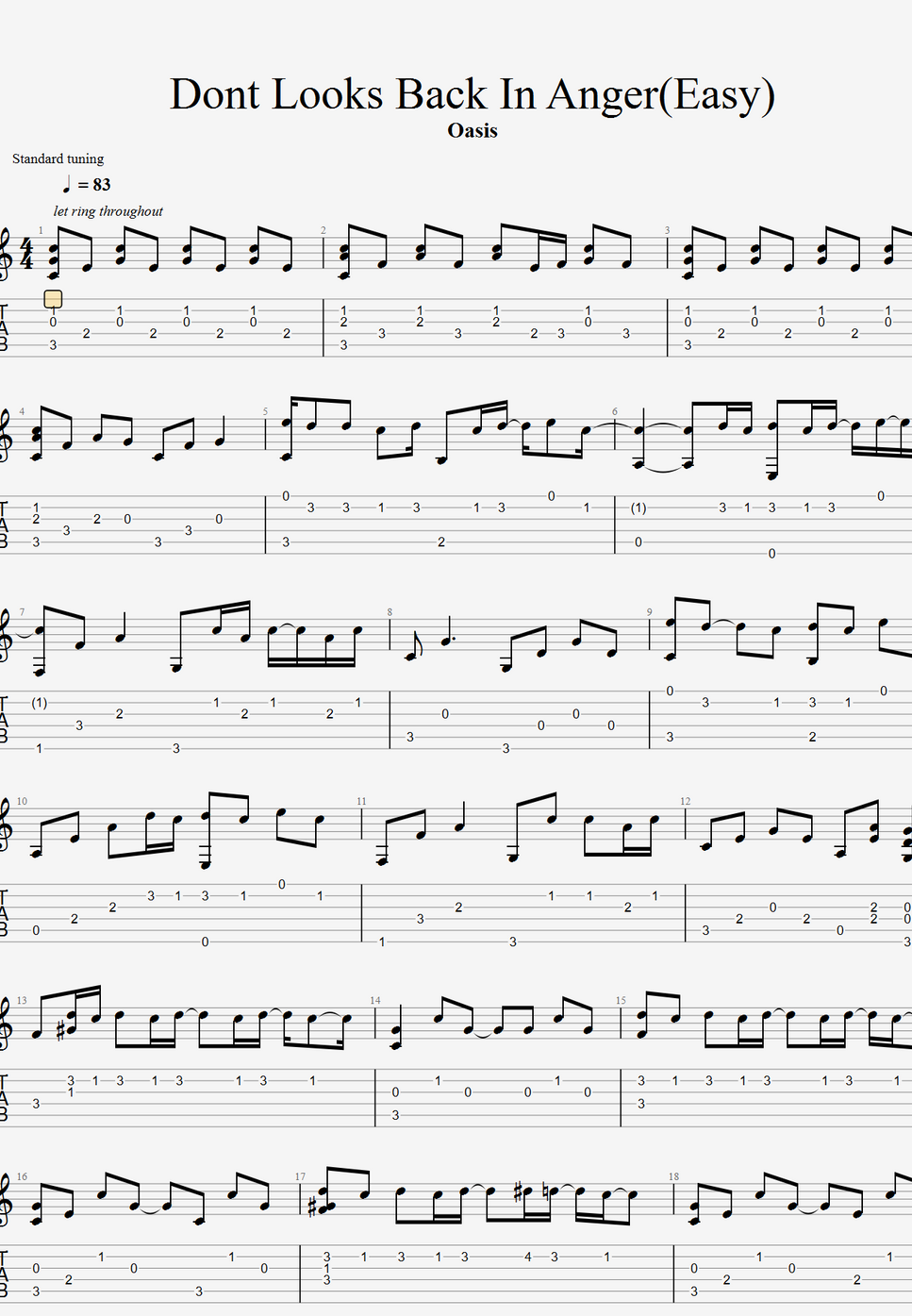 Oasis - Don't Look Back in Anger (쉬운핑거스타일 버젼) Sheet Music by Domisolti