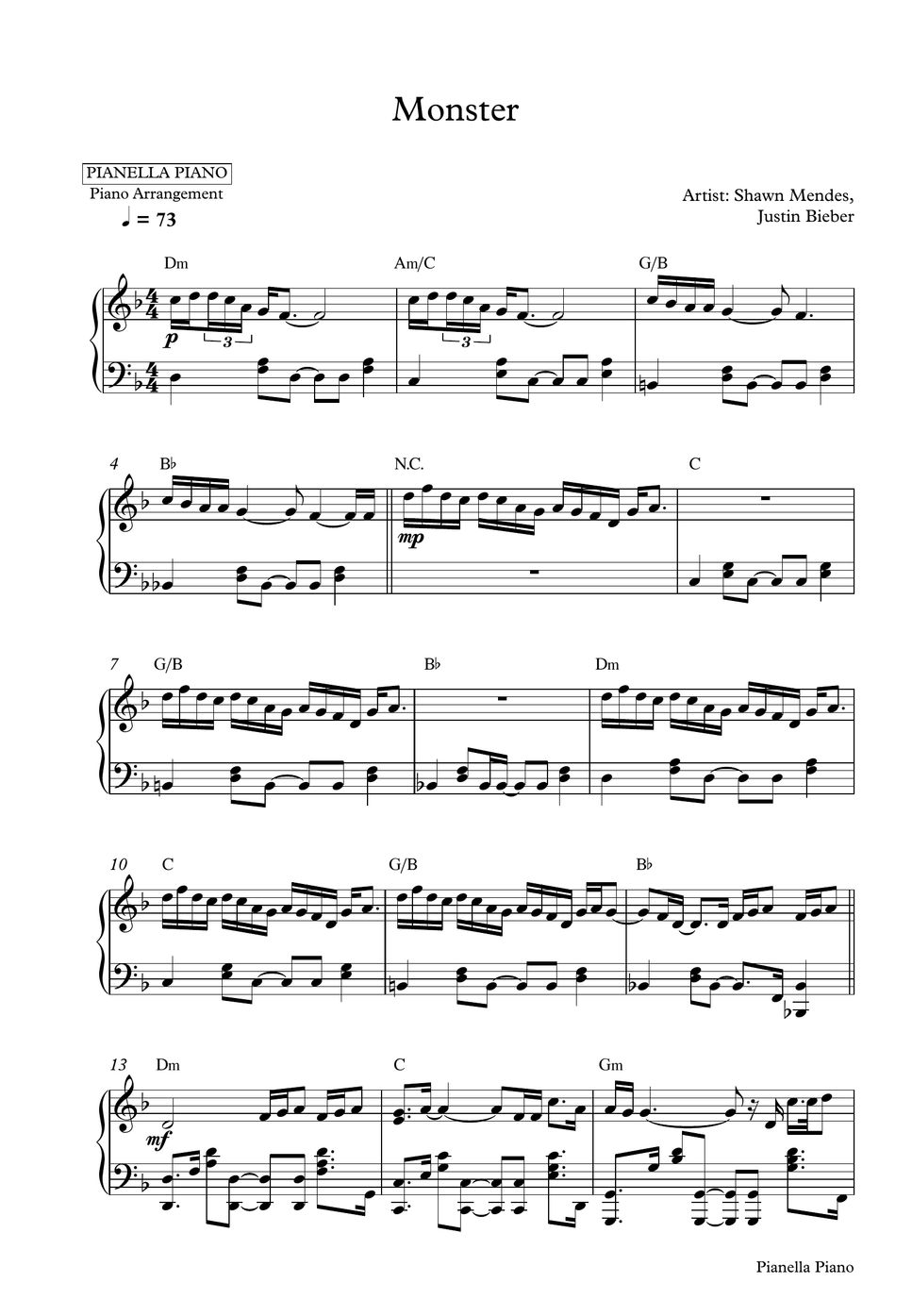 Shawn Mendes, Justin Bieber - Monster (Piano Sheet) Hoja by Pianella Piano