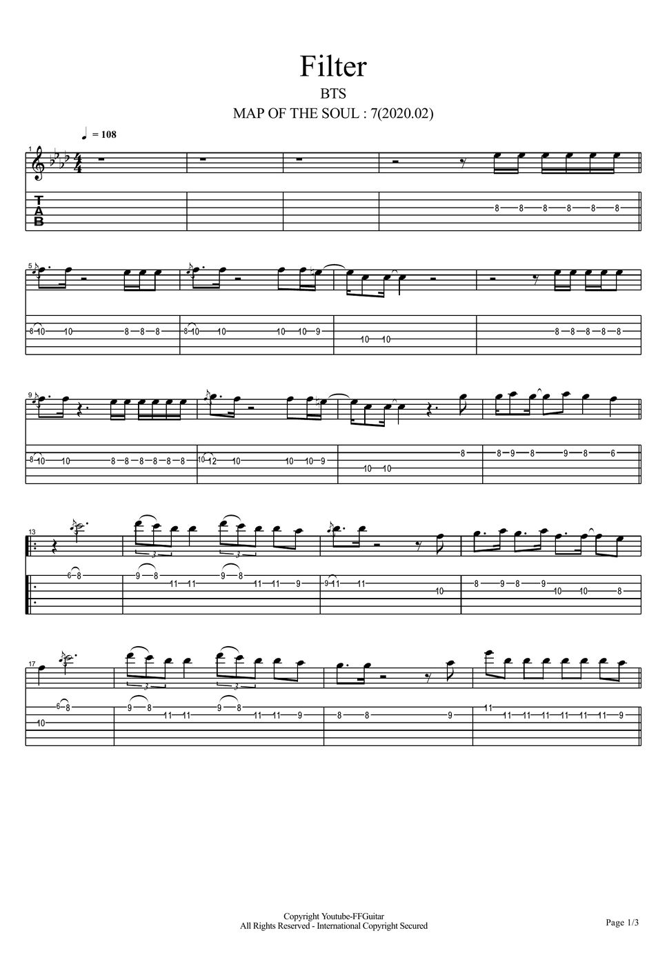 BTS - Filter Guitar TAB by FFGuitar