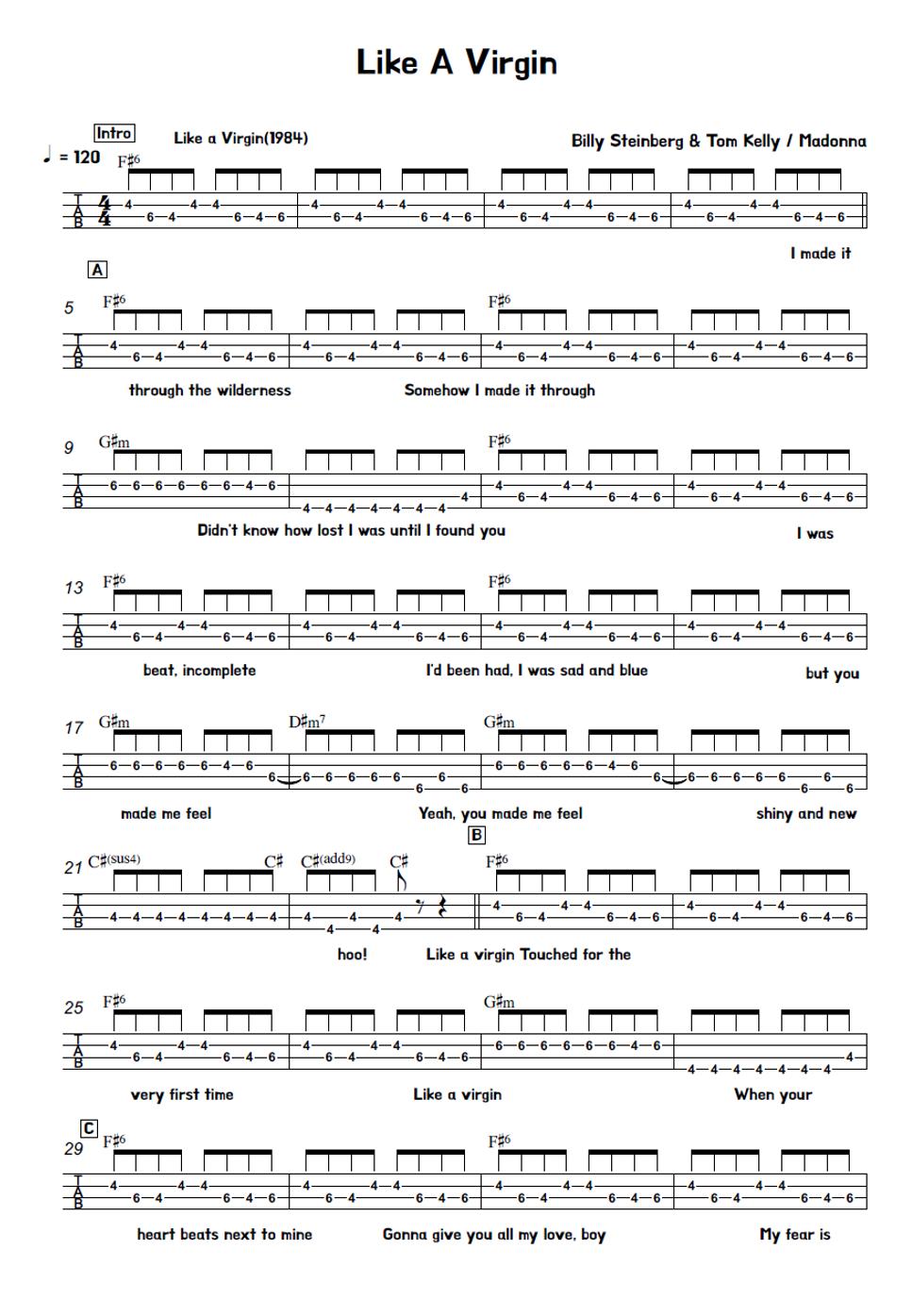 Madonna - Like A Virgin Bass Guitar TAB PDF | 김미(Kimme) | mymusic5