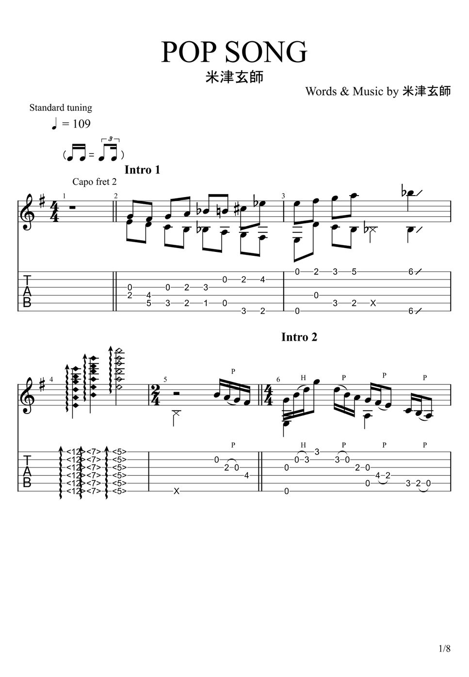 Genshi Yonezu - POP SONG (Fingerstyle) Sheet Music by u3danchou