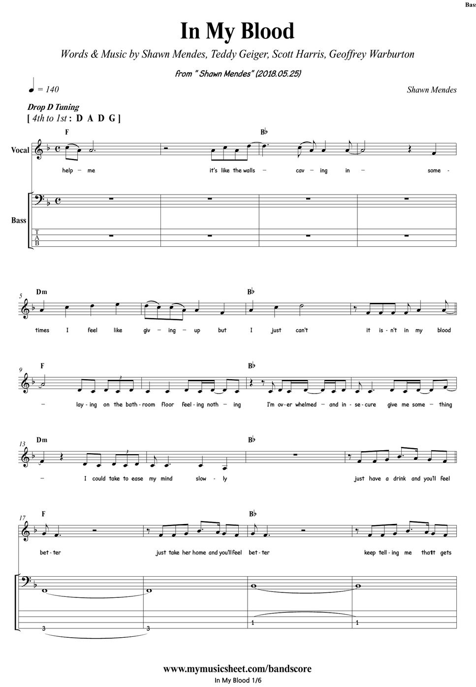 In My Blood - Shawn Mendes | Bass 베이스 TAB