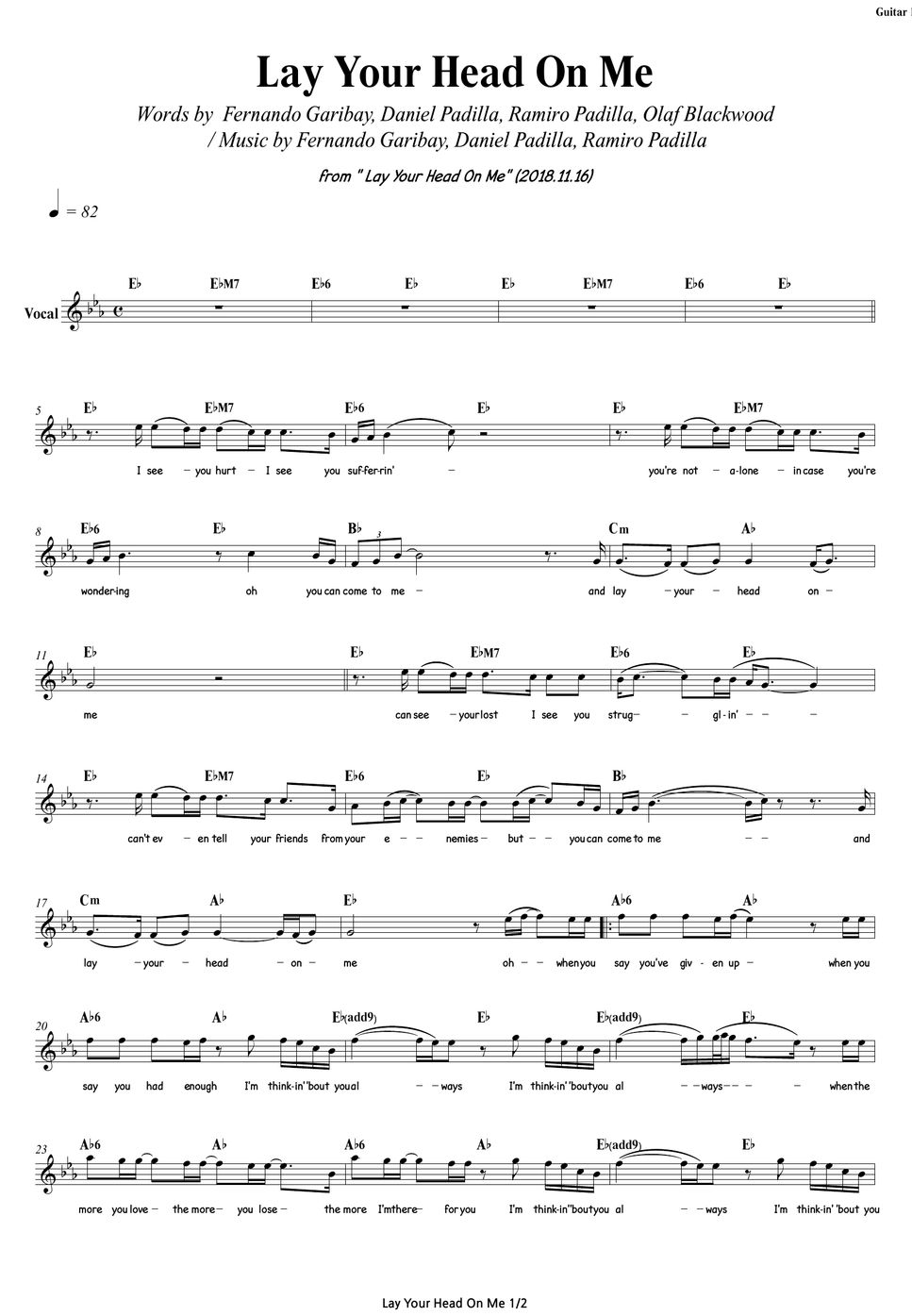 크러쉬 Crush - Lay Your Head On Me | 멜로디/MR Sheet by COVER SKILLS