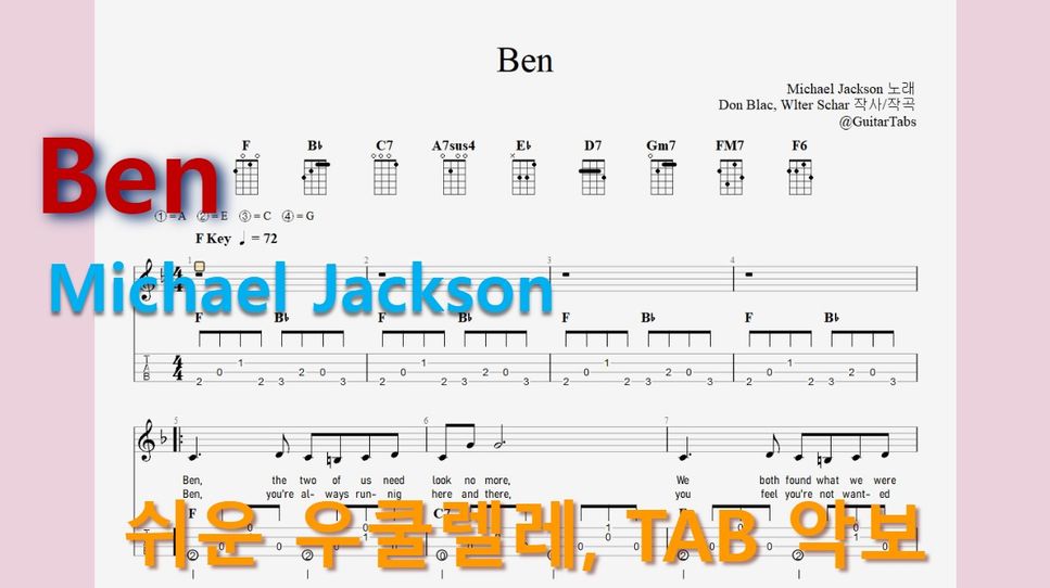 Michael Jackson - Ben (F Key / Easy TAB / Lyrics) Partitura by 624 TABs
