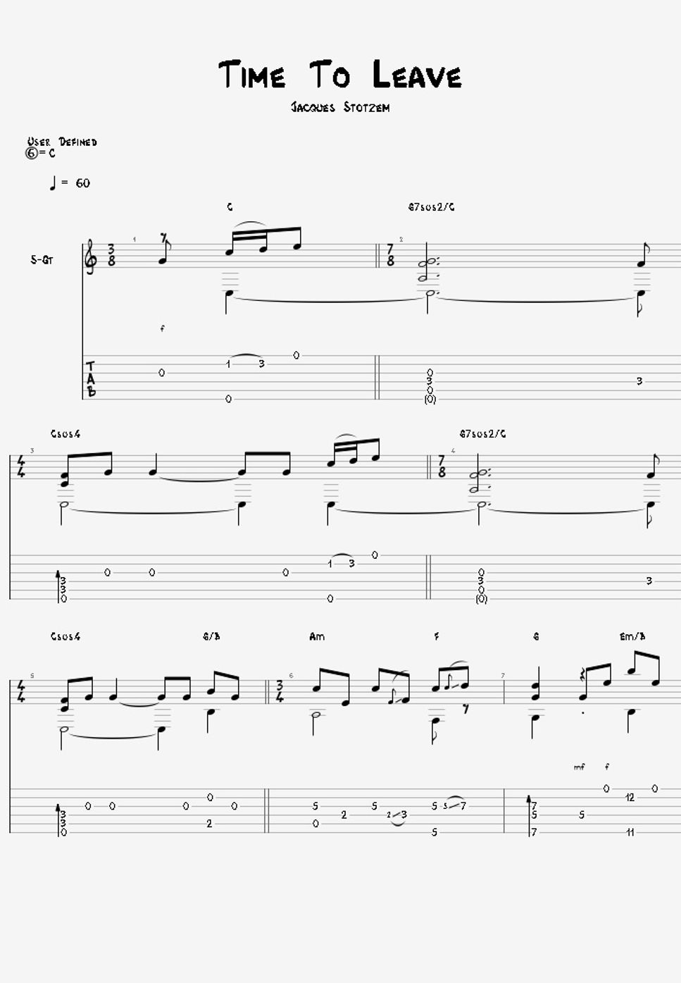 Jacques Stotzem - Time To Leave Tab + 단선 악보 by 「Agape Guitar」