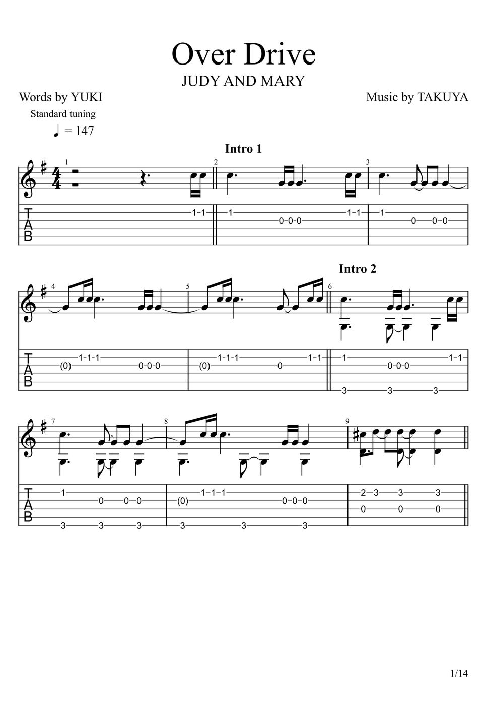 JUDY AND MARY - Over Drive (Fingerstyle) Bladmuziek by u3danchou