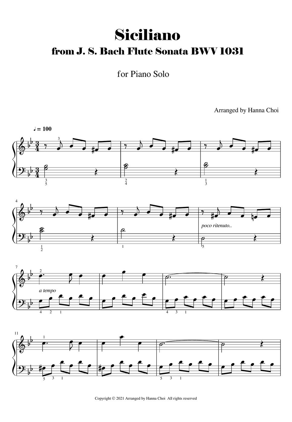 J.S.Bach 바흐 - "Siciliano" 시칠리아노 from Flute Sonata (for Piano Solo) 악보