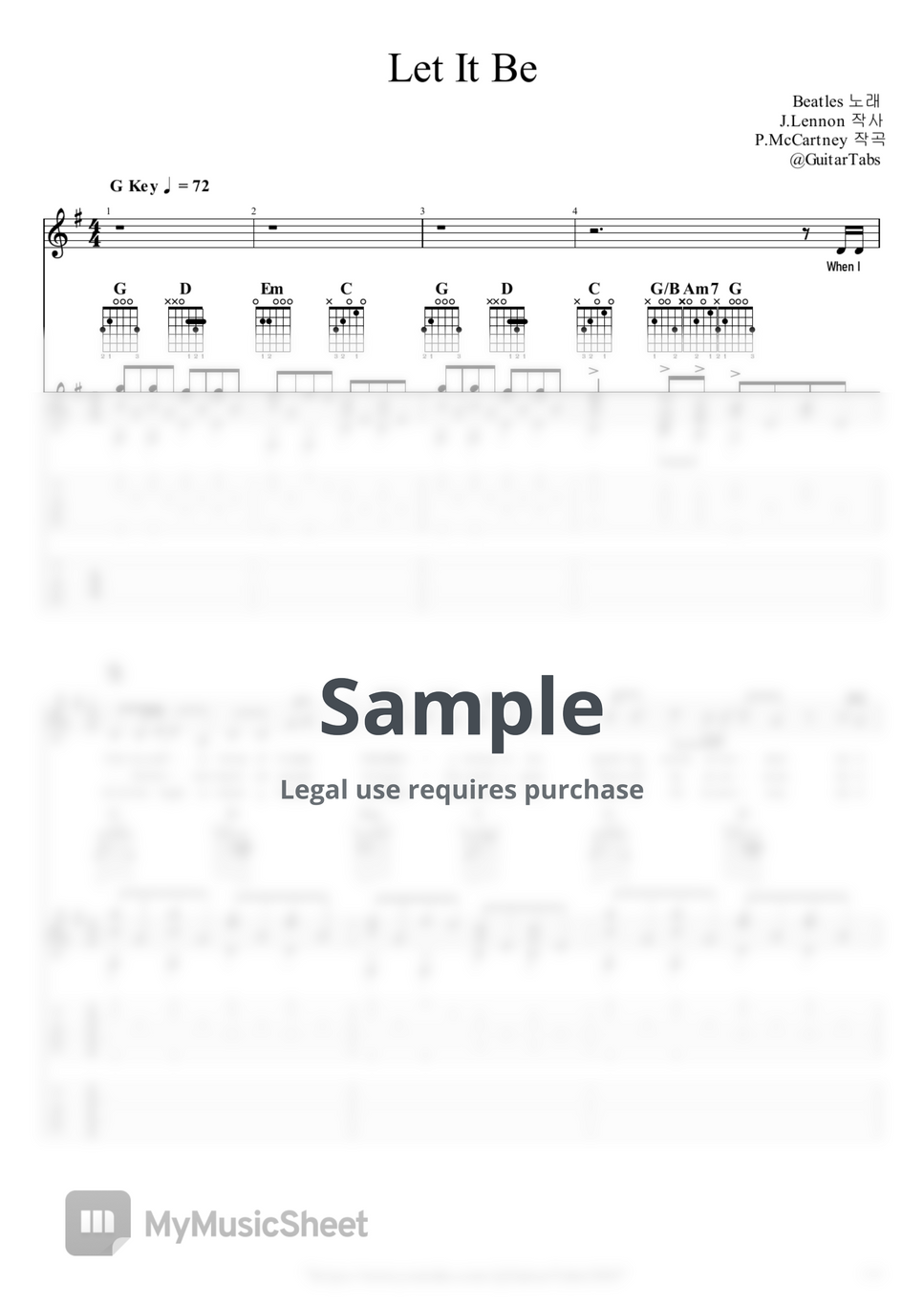 Beatles - [Premium] Let It Be (G Key / Easy TAB / Lyrics) Sheet Music ...