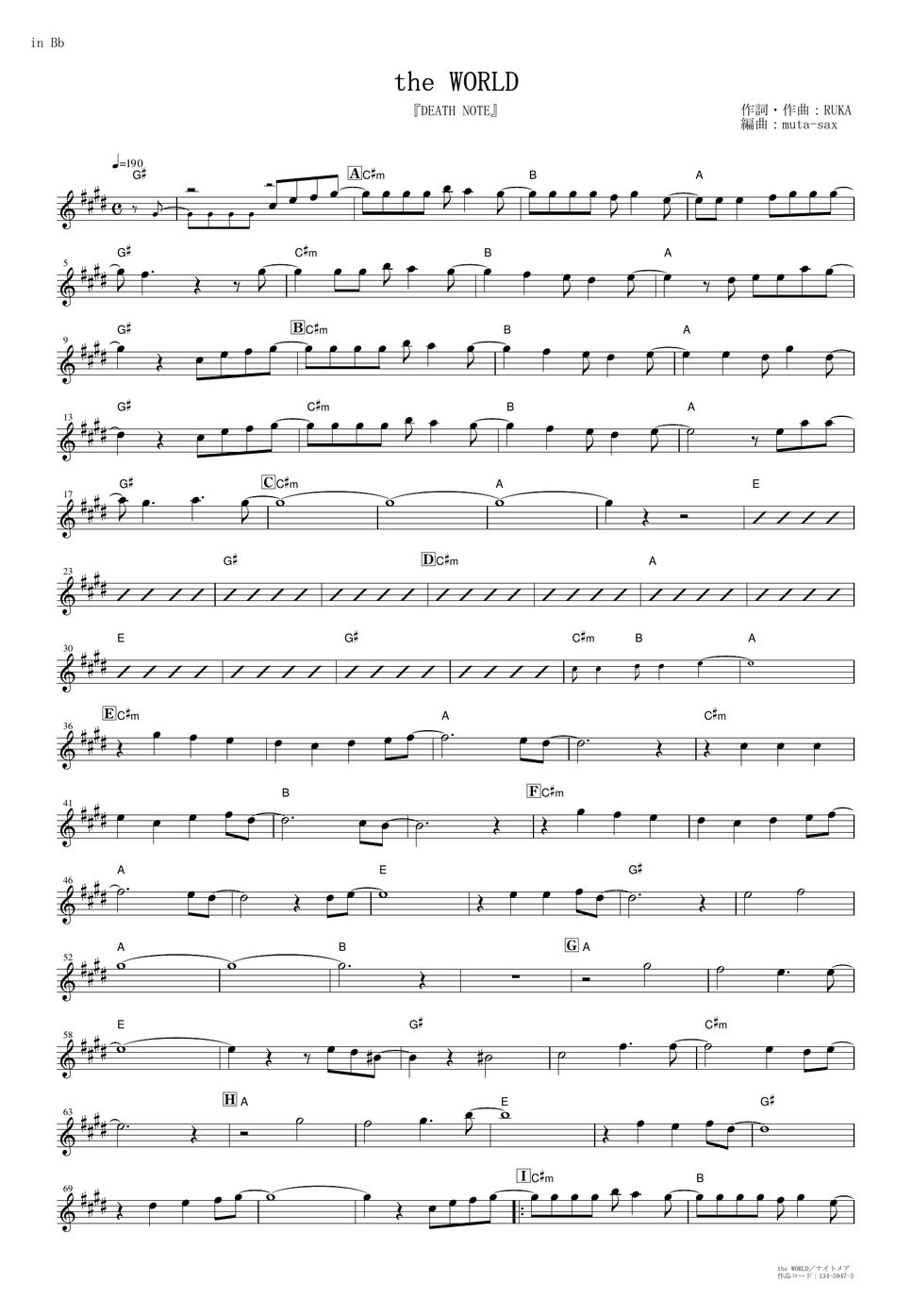 Nightmare - the WORLD (Death Note / in Bb) Notenblatt by muta-sax