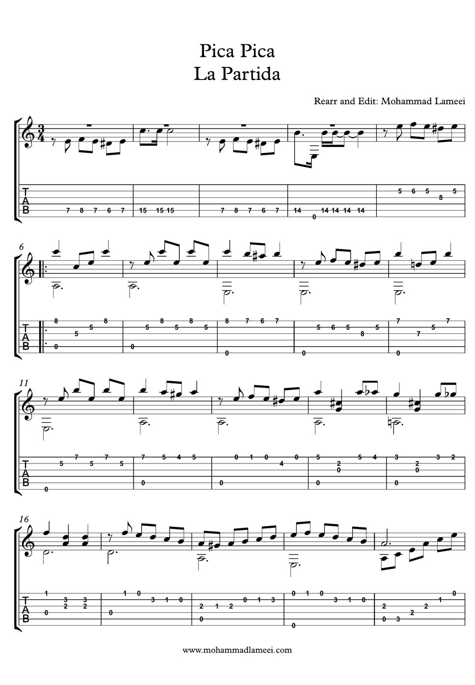La partida - pica pica Waltz Tab + 단선 악보 by Mohammad Lameei