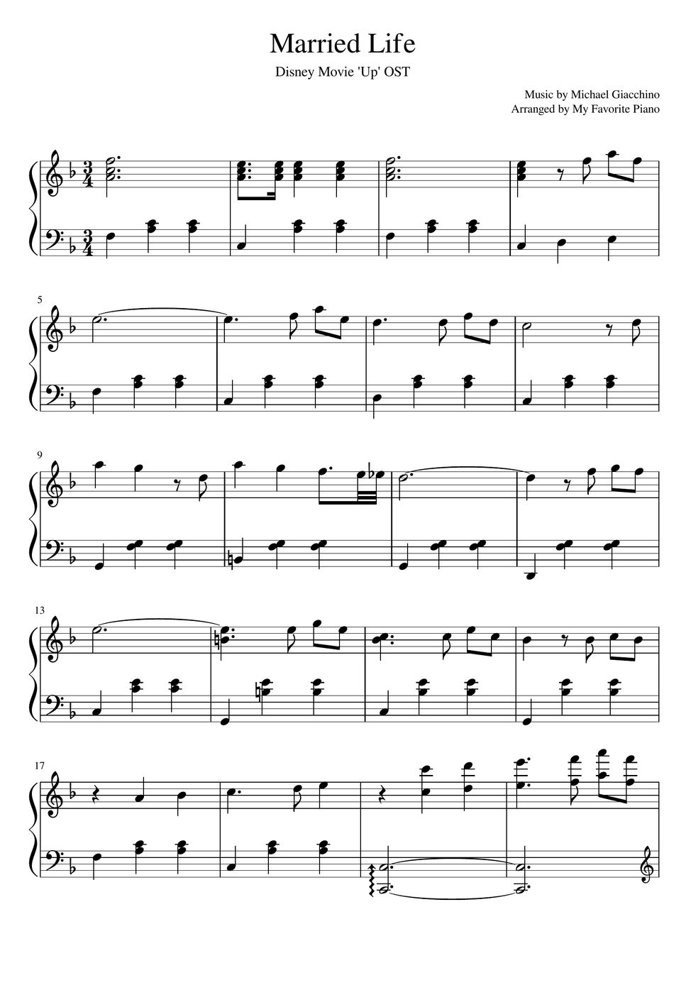 Up OST - Married Life 楽譜 by My Favorite Piano