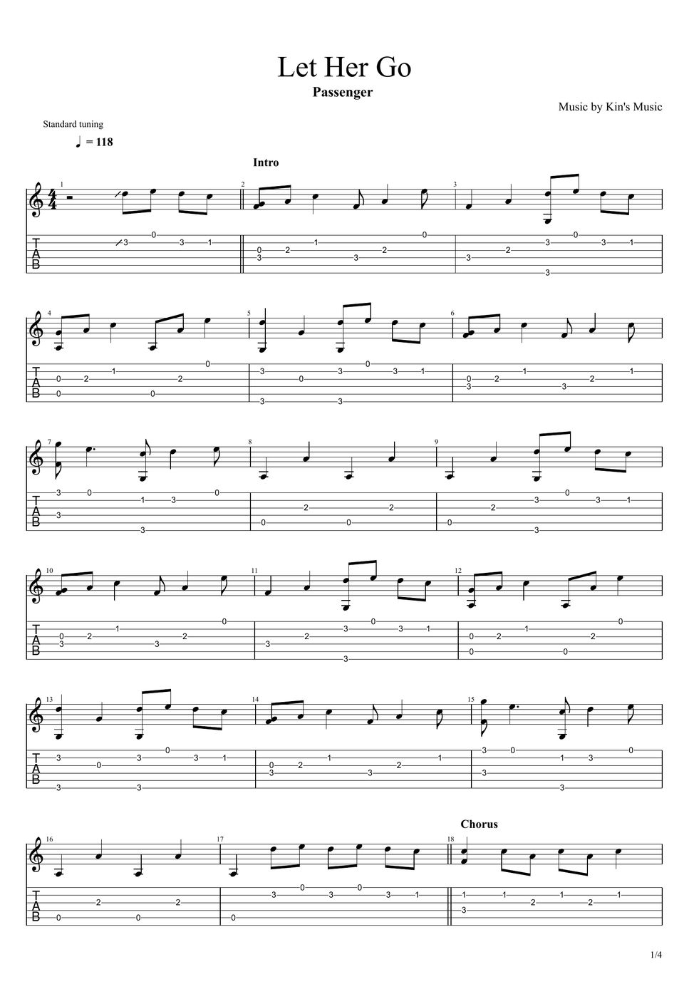 Passenger - Let Her Go[Easy Guitar Fingerstyle For Beginner] TAB by Kin ...