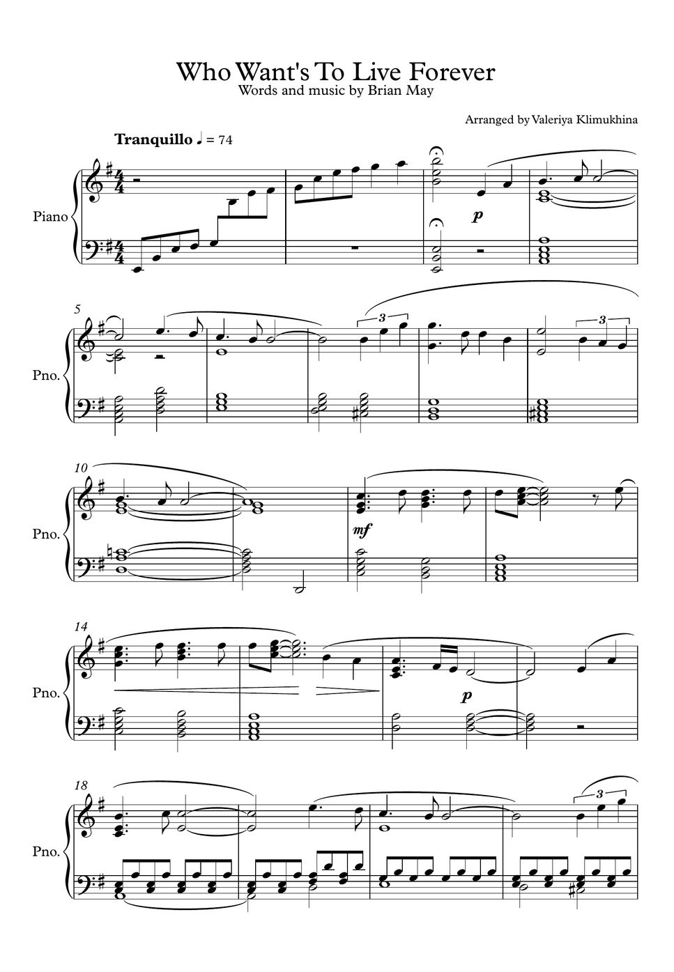Queen - Who Wants To Live Forever (for Piano solo) Sheet