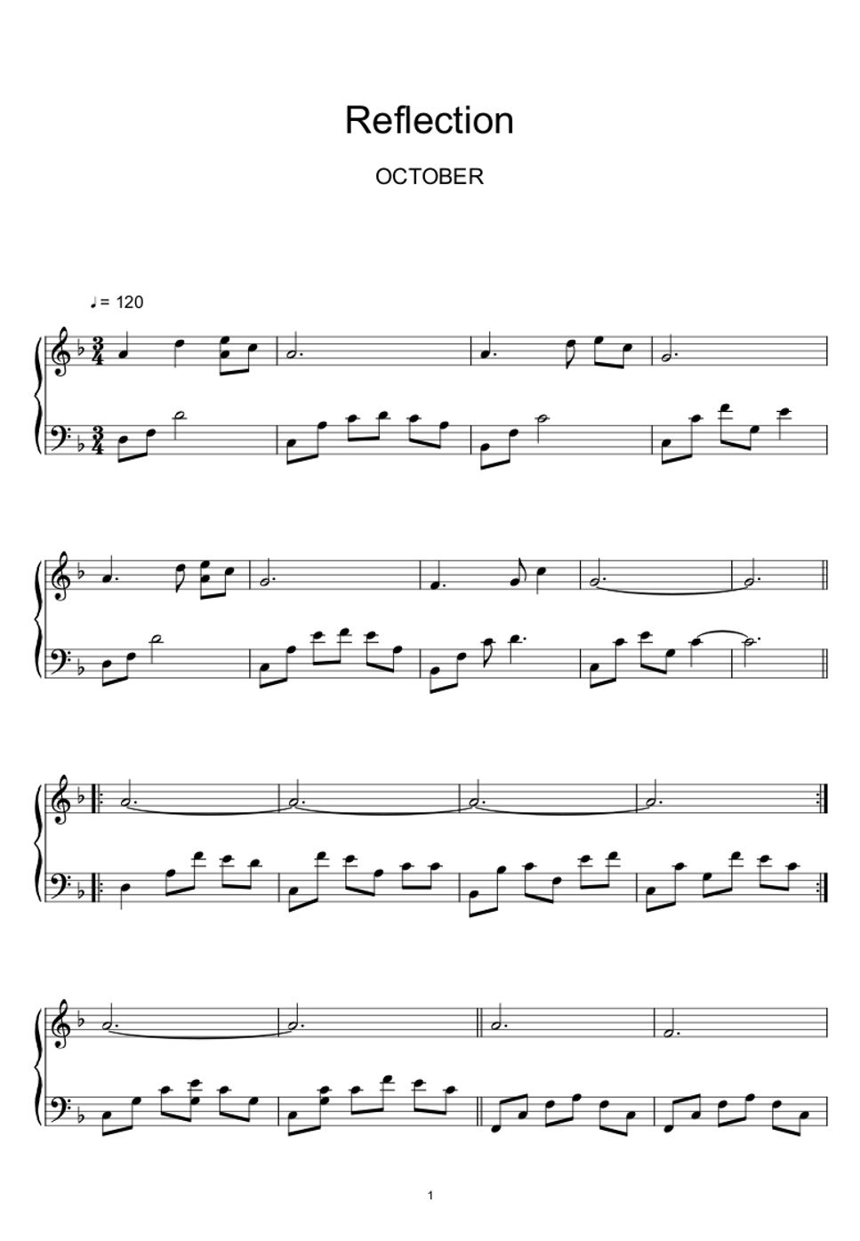 악토버 (OCTOBER) - Reflection (Sheet Music, MIDI,) 曲谱 by sayu