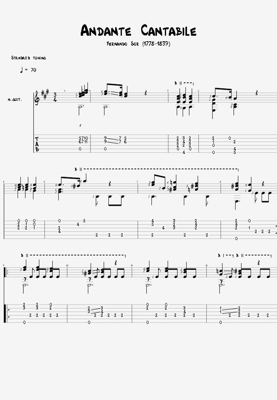 Fernando Sor - Andante Cantabile 六線譜+單譜 by Agape Guitar