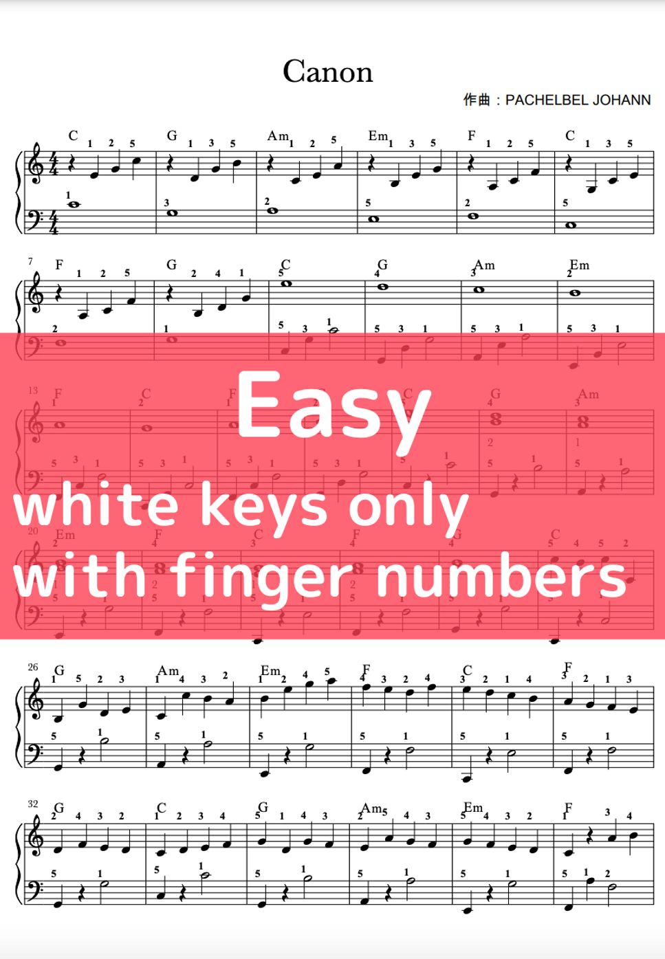 Johann Pachelbel - Canon in key C (Piano Solo / with finger numbers ...