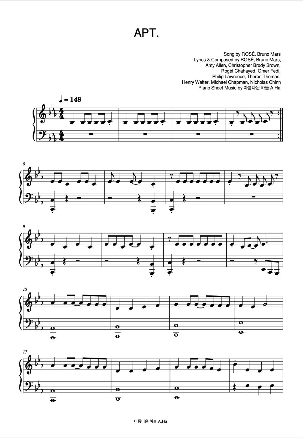 ROSÉ & Bruno Mars - APT. (Original Key(exciting arrangement)) Sheet Music by A.Ha