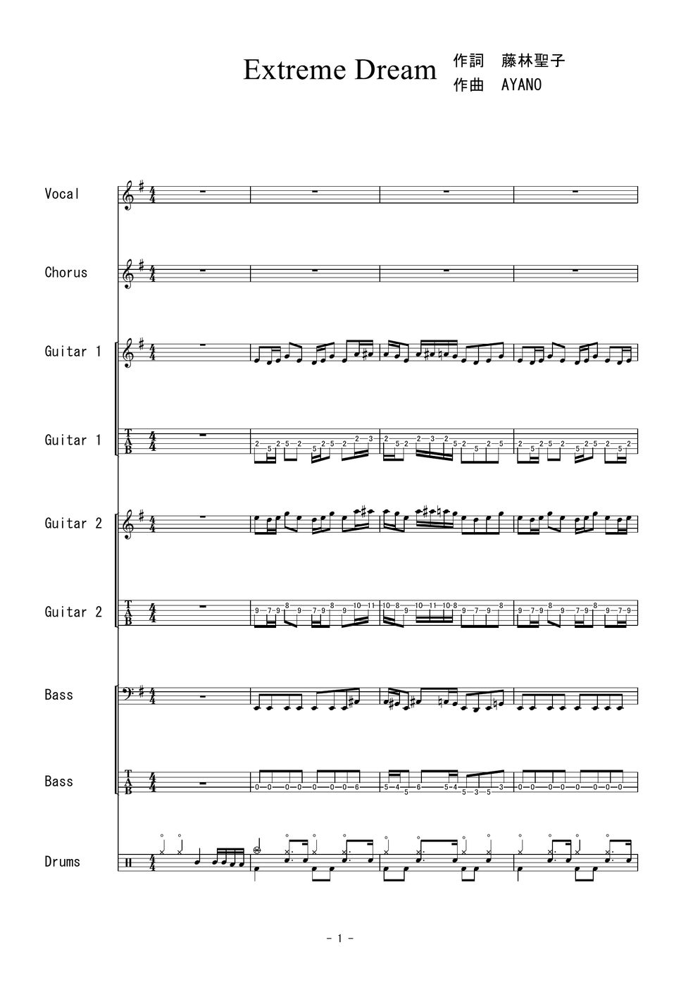 Labor Day - Extreme Dream (バンドスコア) Tab + 단선 악보 by 二次元楽譜製作所