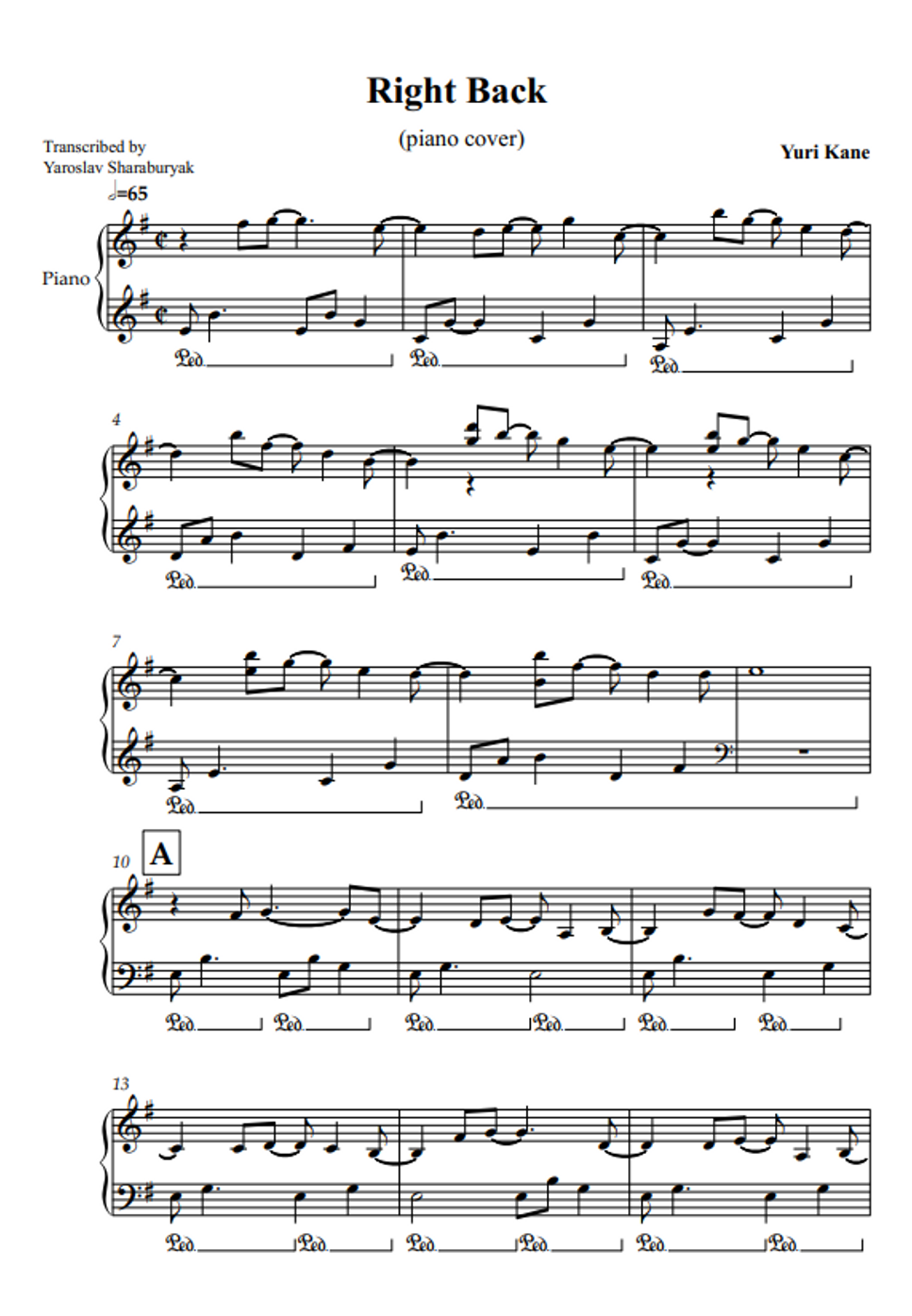 Yuri Kane - Right Back (piano cover) Piano Sheet Music PDF | Yaroslav ...
