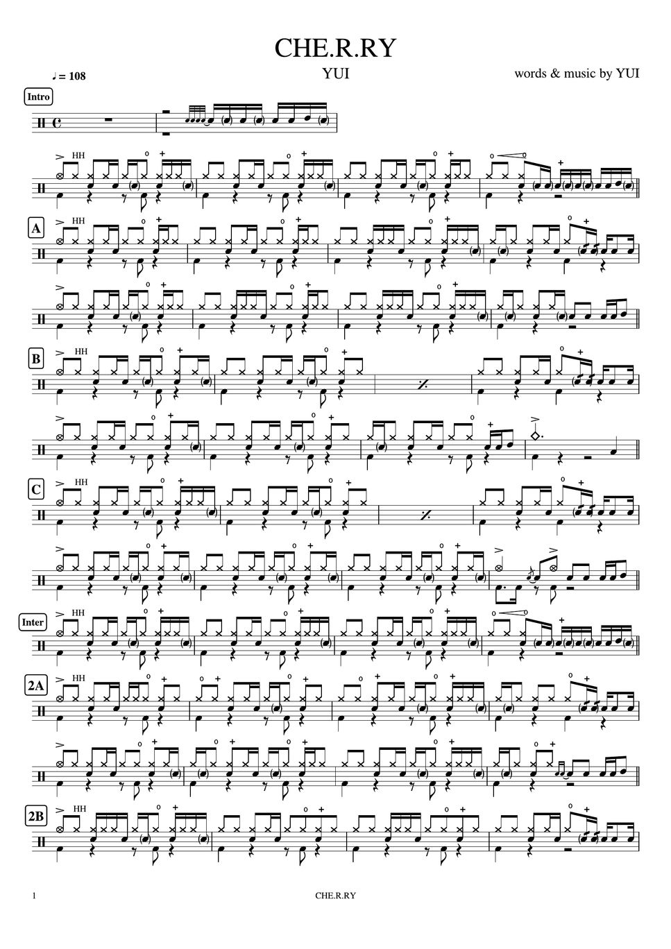 YUI - CHE.R.RY 악보 by Cookai's J-pop Drum sheet music!!!