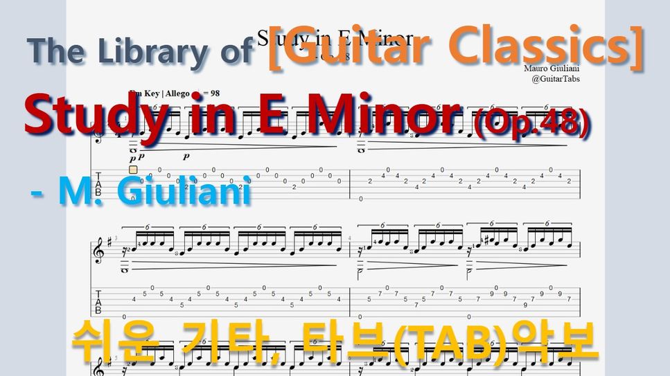 M. Giuliani - Study in E Minor Op. 48 (오선+타브+운지(Staff+TAB+Fingering ...