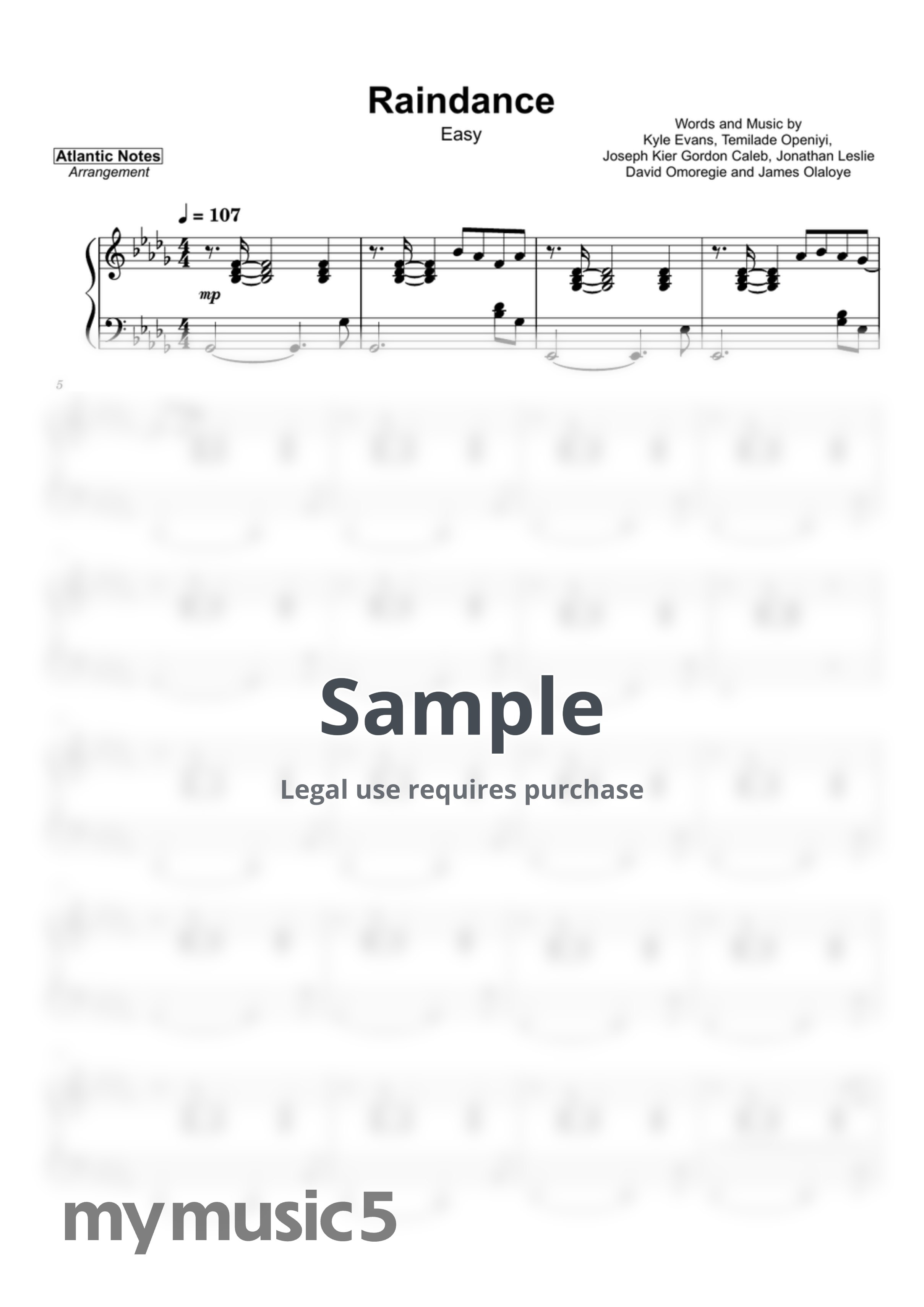 Dave, Tems - Raindance Piano Sheet Music PDF | Atlantic Notes | mymusic5