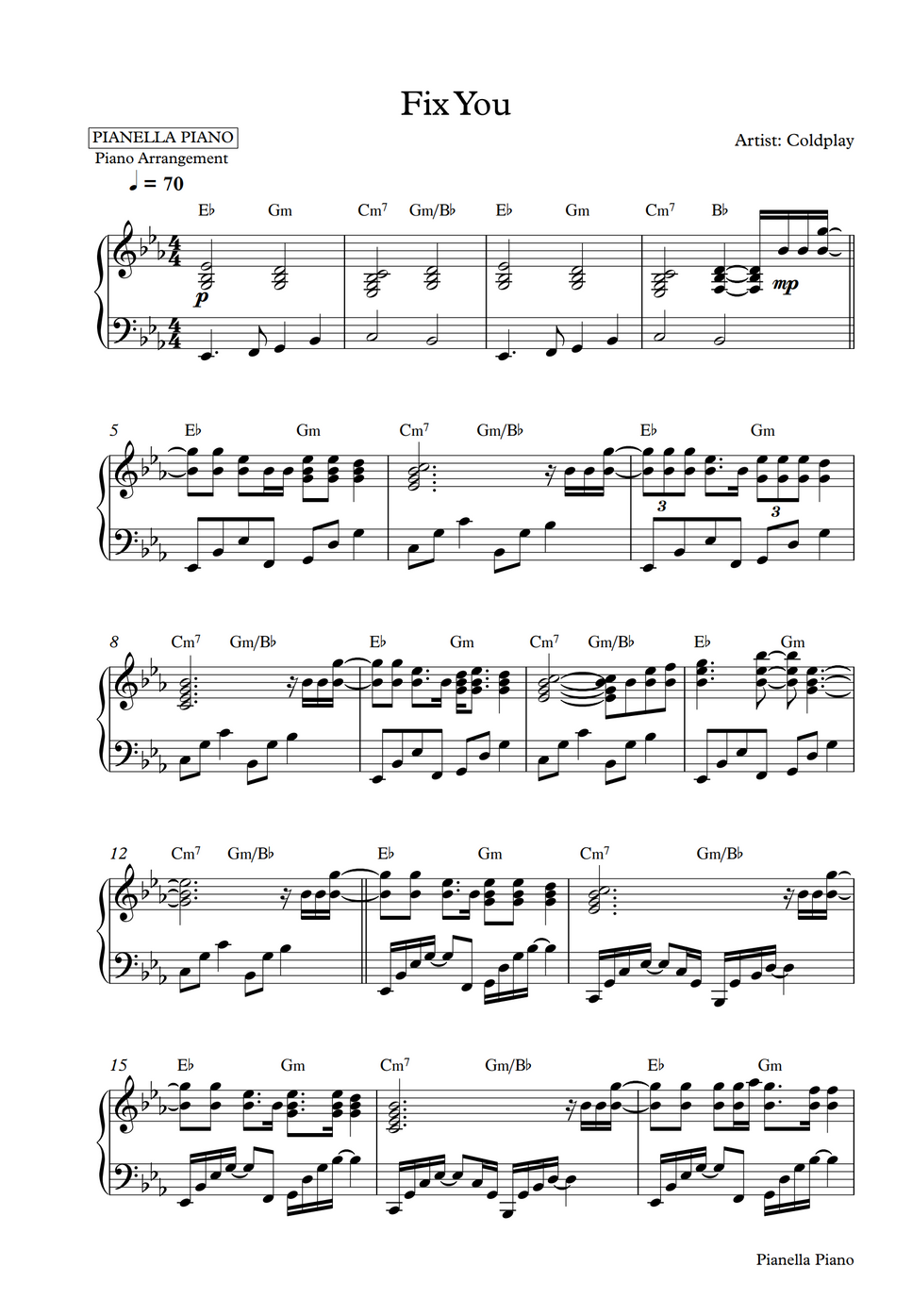Coldplay - Fix You (Piano Sheet) by Pianella Piano Hoja